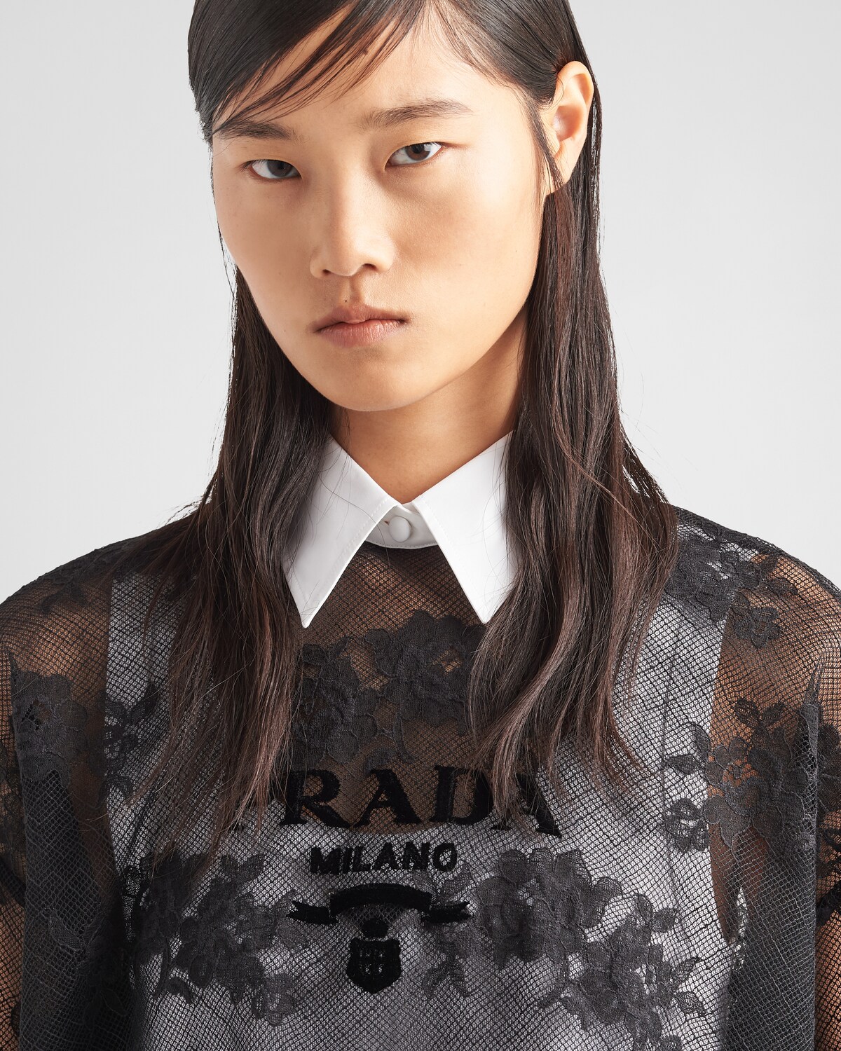 Black/white Embroidered Lace And Poplin Mini-dress | PRADA