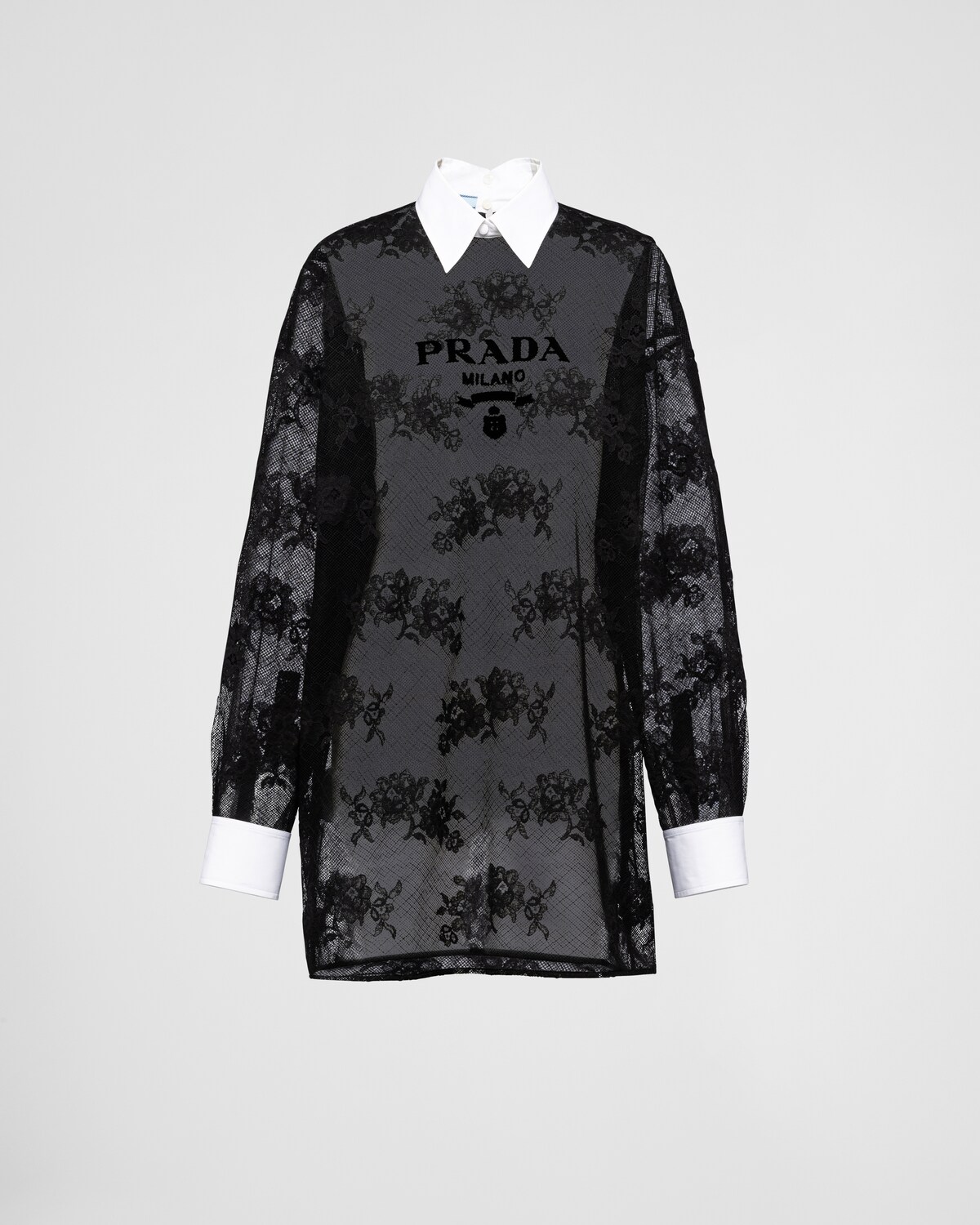 Black/white Embroidered Lace And Poplin Mini-dress | PRADA