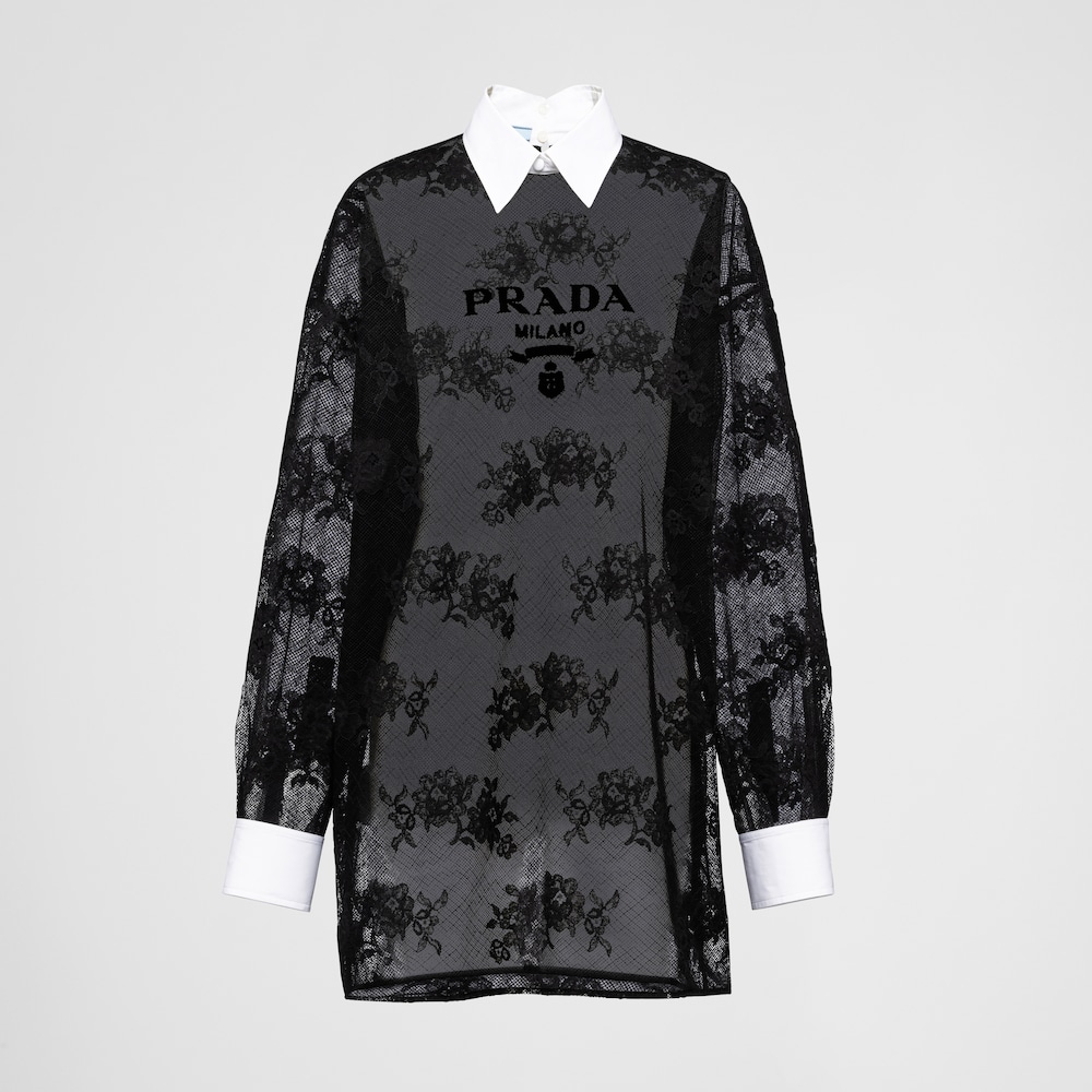 Black/white Embroidered lace and poplin mini-dress | Prada