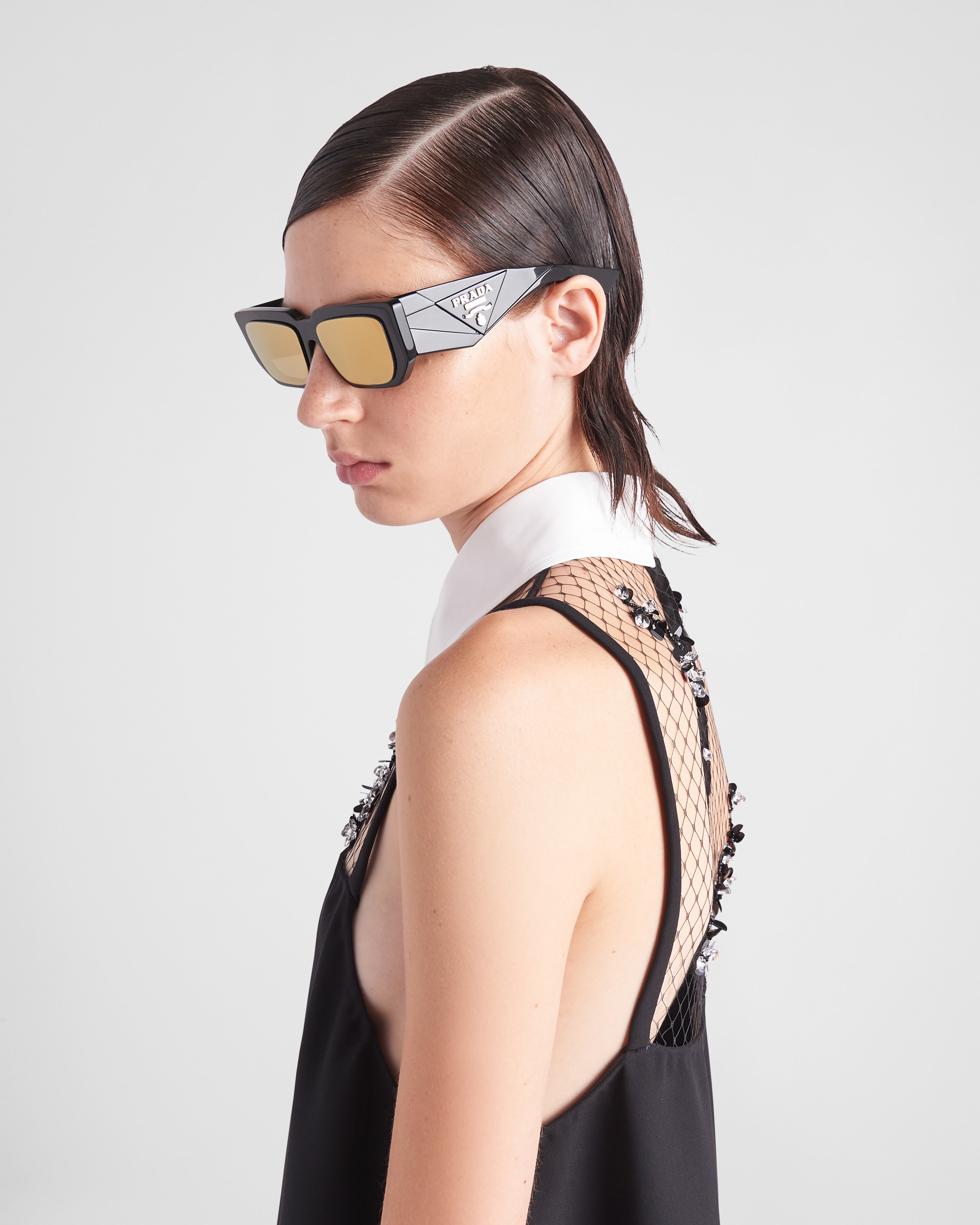 Black Cady and embroidered mesh mini-dress | Prada