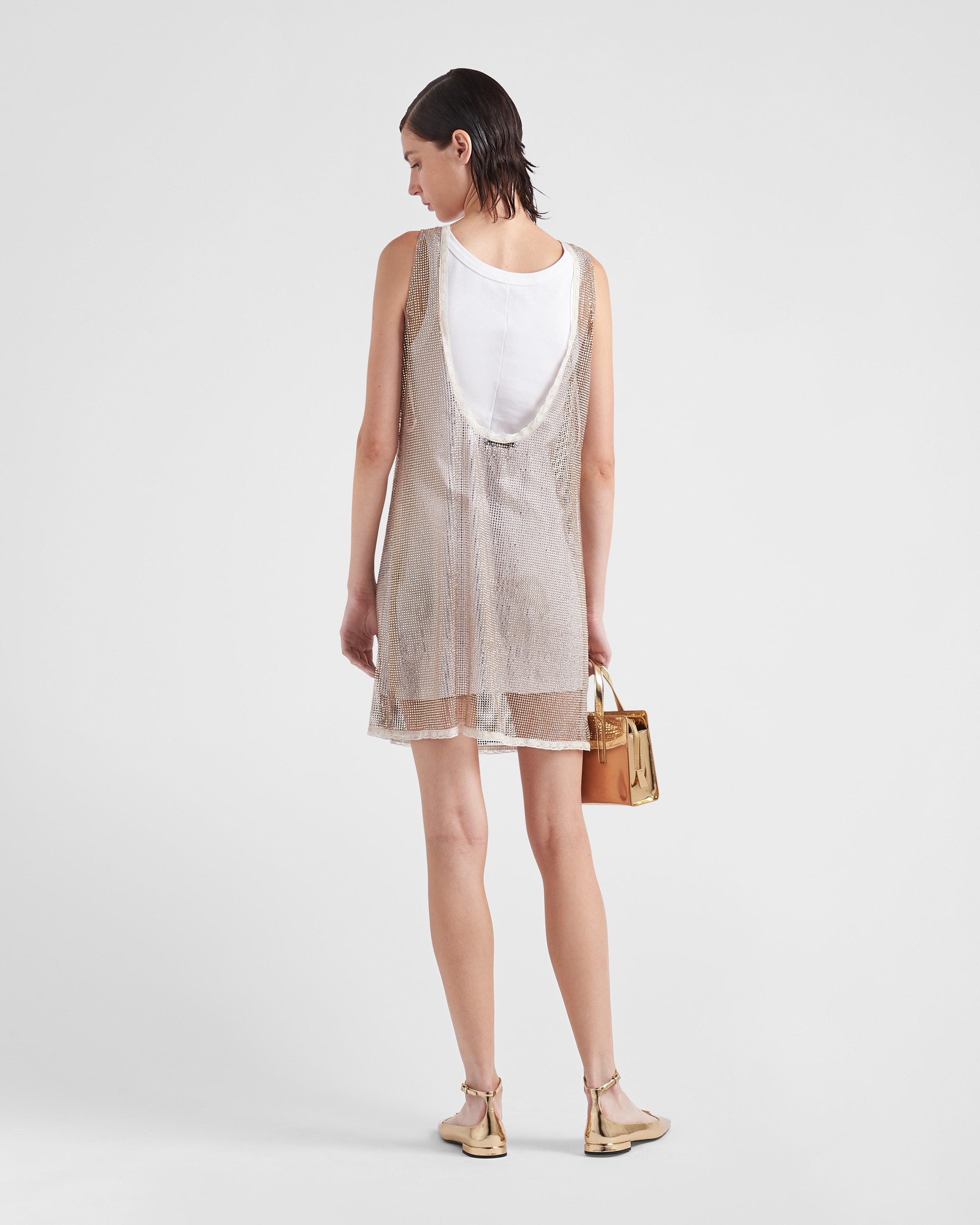 Gold Embroidered rhinestone mesh dress | Prada