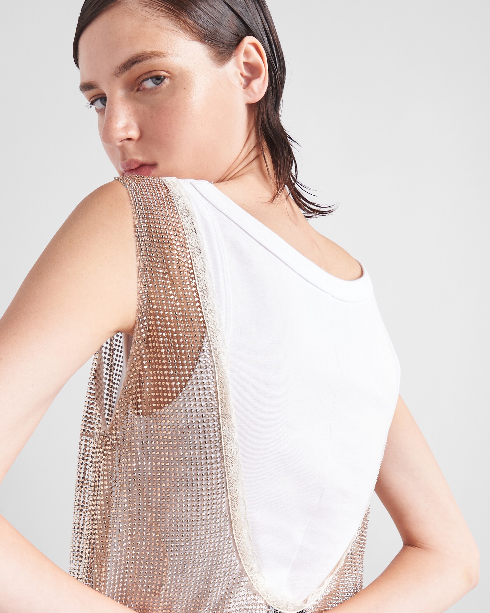 Gold Embroidered Rhinestone Mesh Dress | PRADA