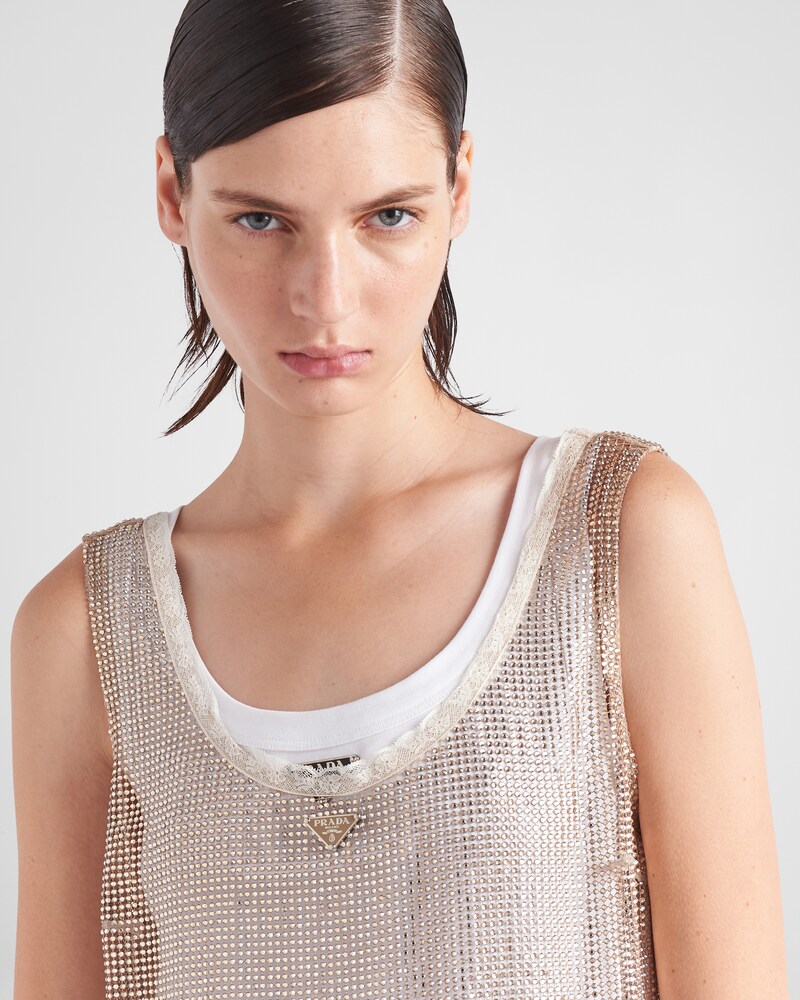 Gold Embroidered Rhinestone Mesh Dress | PRADA