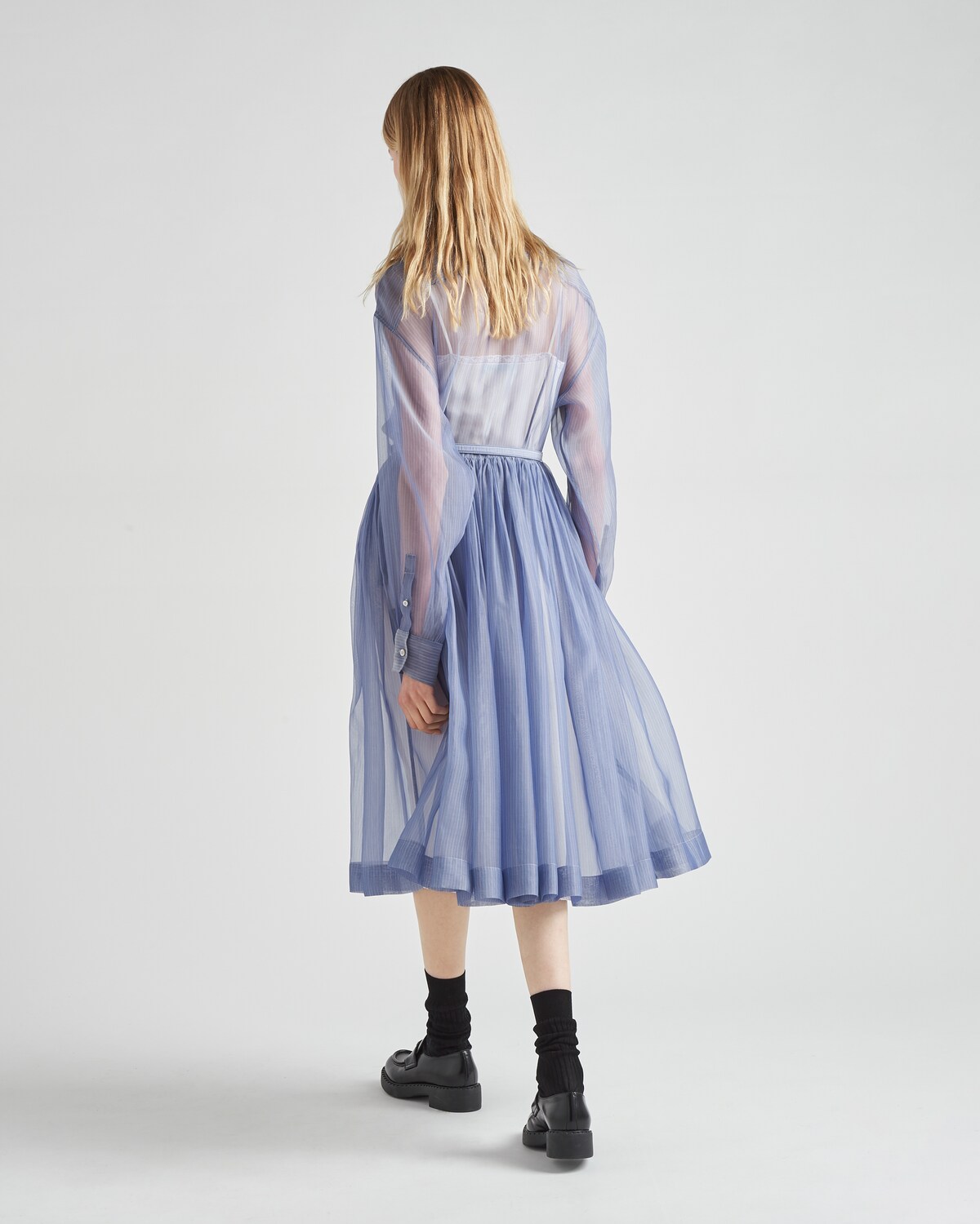 Blue/white Embroidered Striped Organza Dress | PRADA