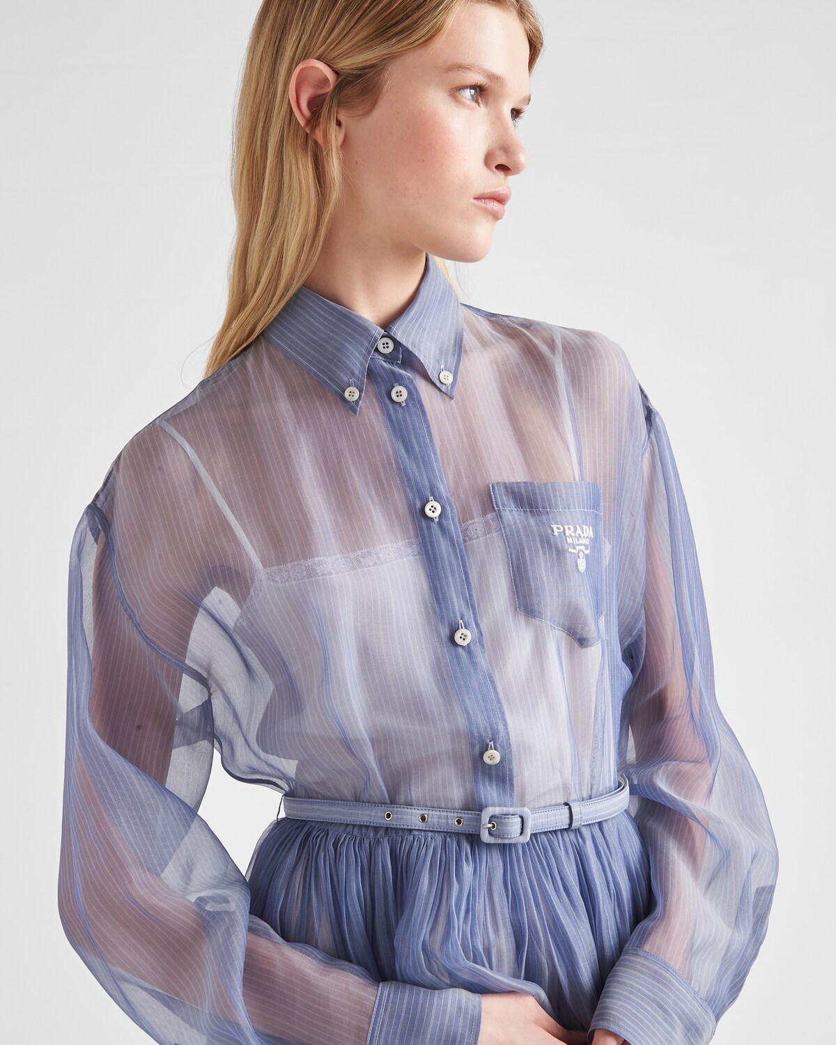 Blue/white Embroidered Striped Organza Dress | PRADA