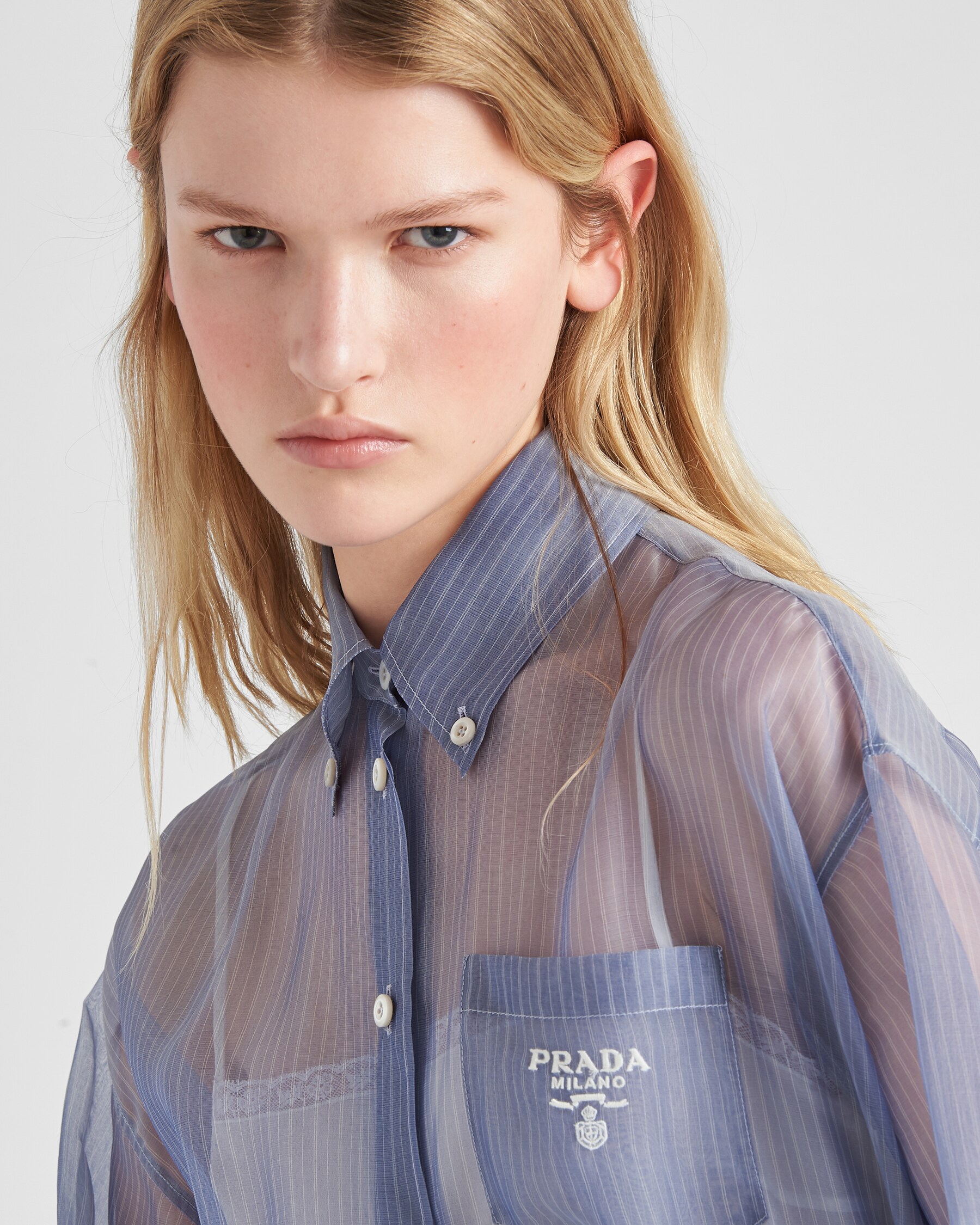 Blue/white Embroidered Striped Organza Dress | PRADA
