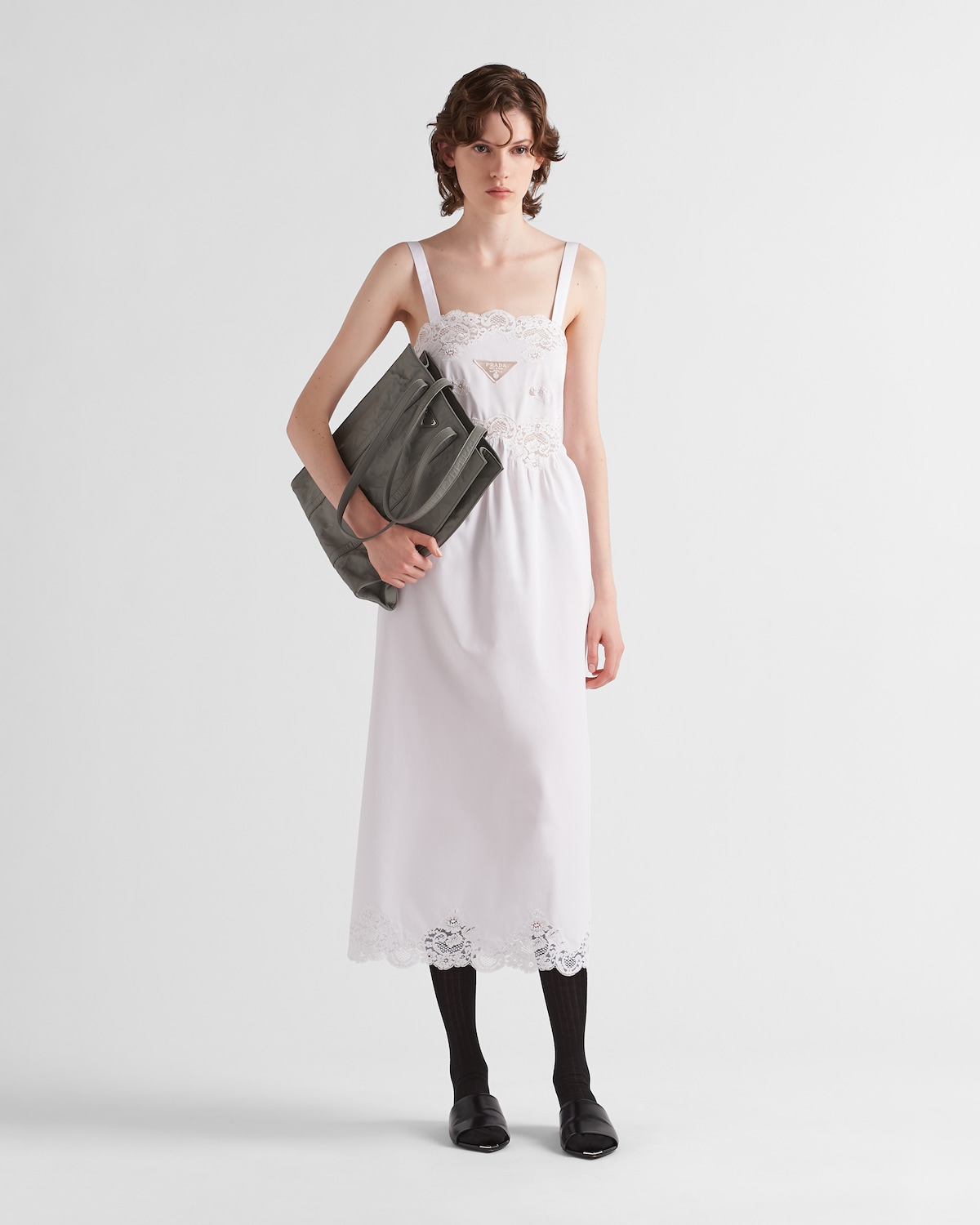 White Embroidered Poplin And Lace Dress | PRADA