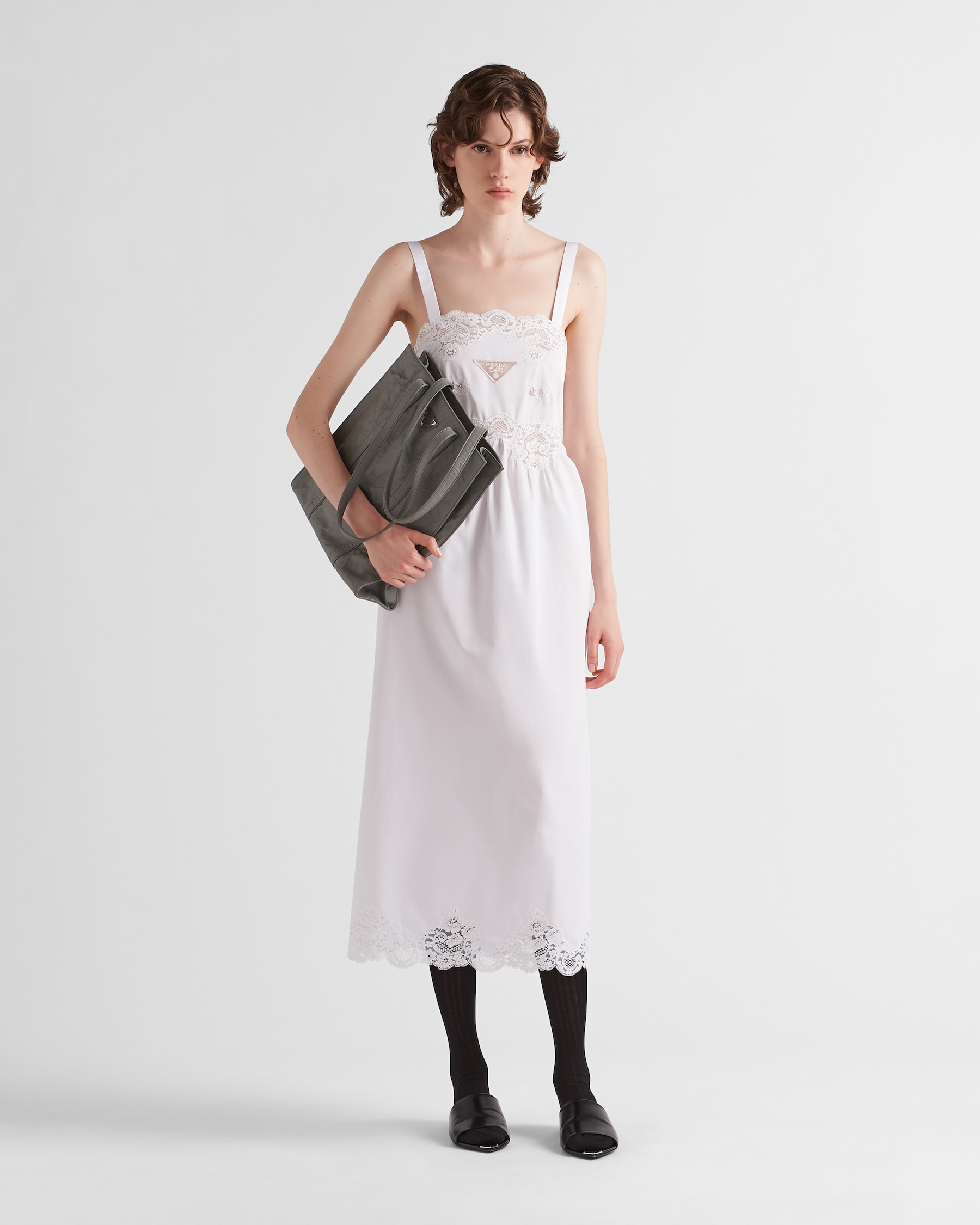 White Embroidered Poplin And Lace Dress | PRADA