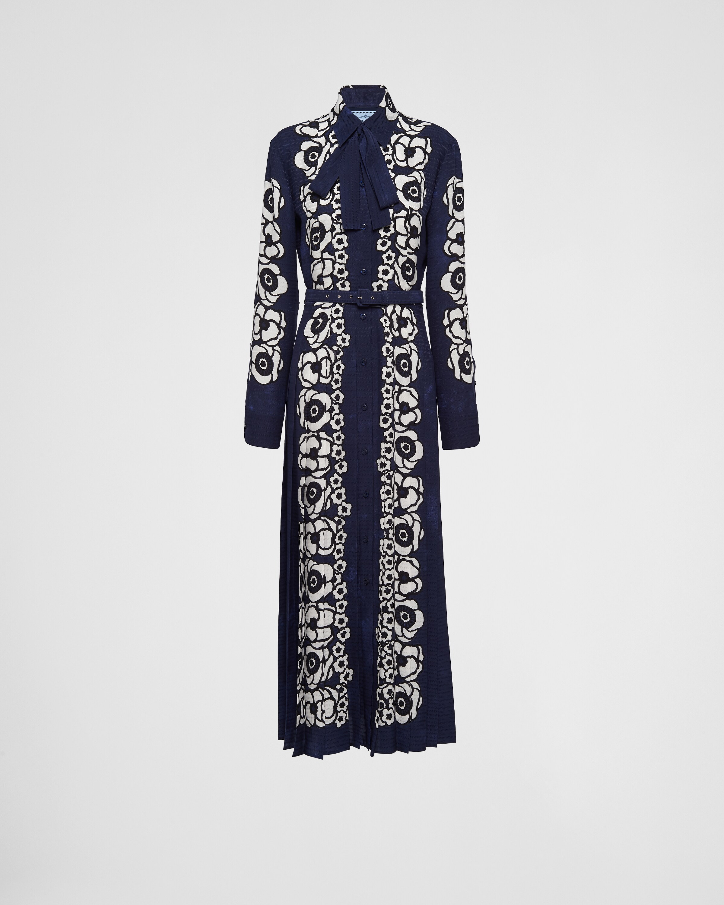 Robe En Crêpe De Chine Plissée Et Imprimée Bleu / Beige | PRADA