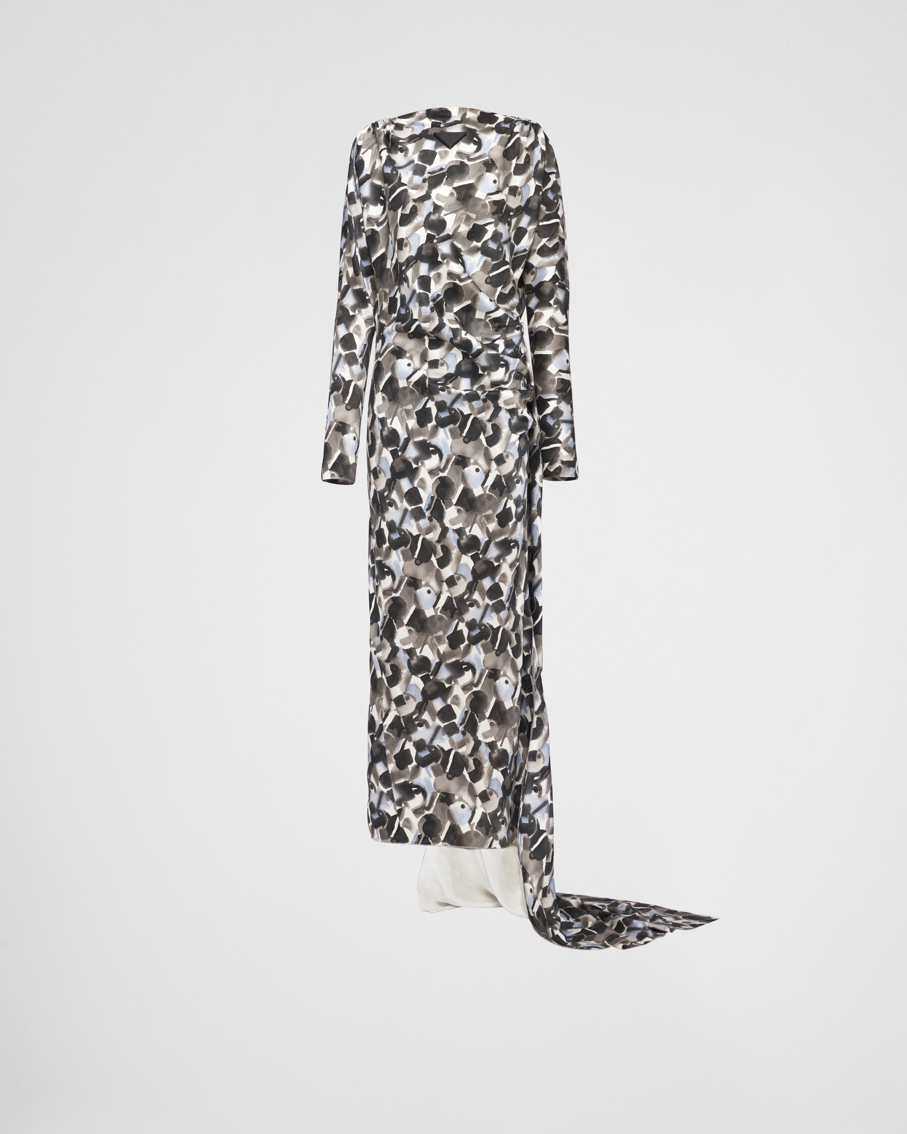 Steel Gray Long Printed Satin Dress PRADA