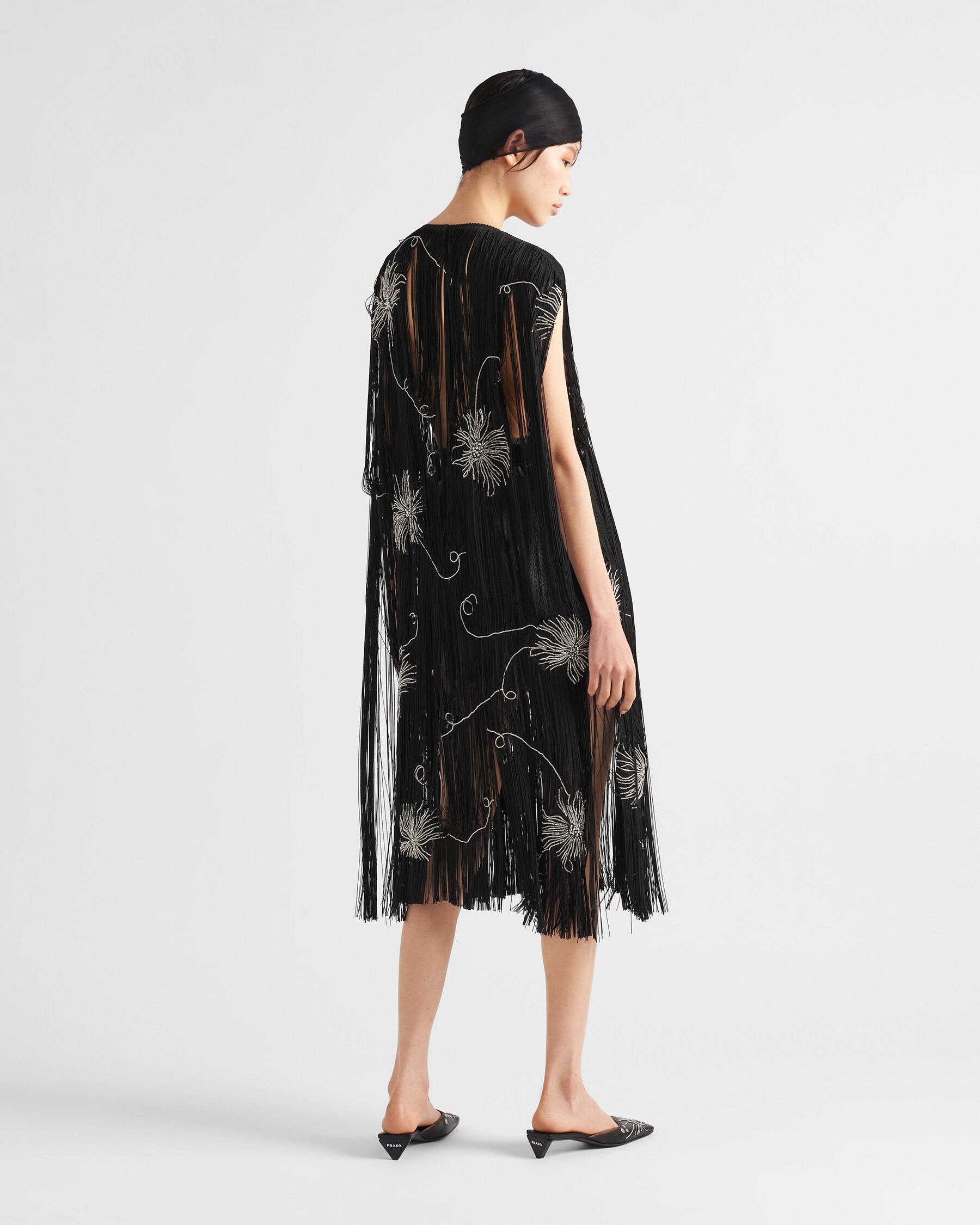 Robe Brodée Avec Franges Noir | PRADA