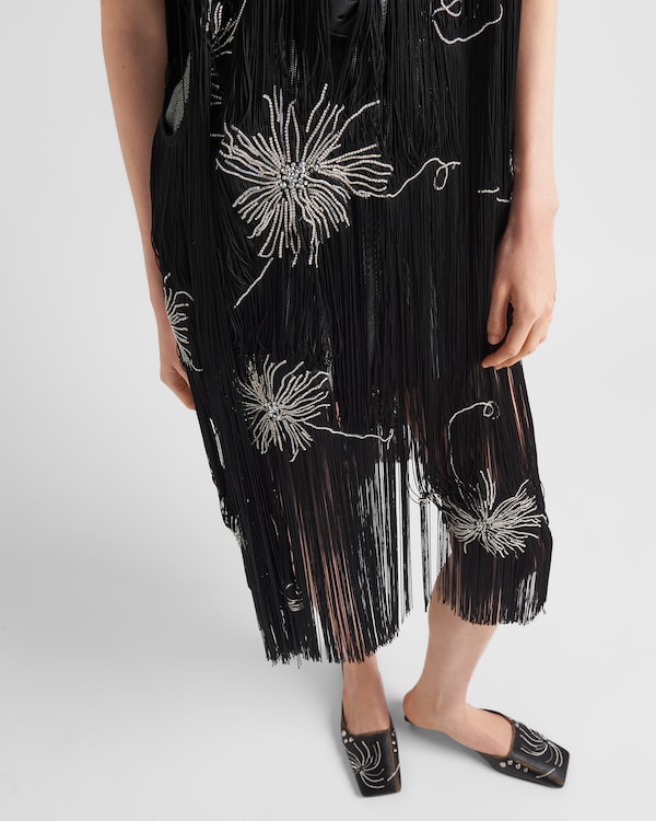 Black Embroidered Dress With Fringe | PRADA