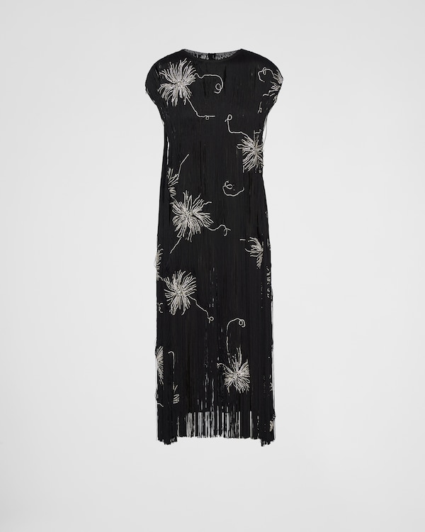 Black Embroidered Dress With Fringe | PRADA