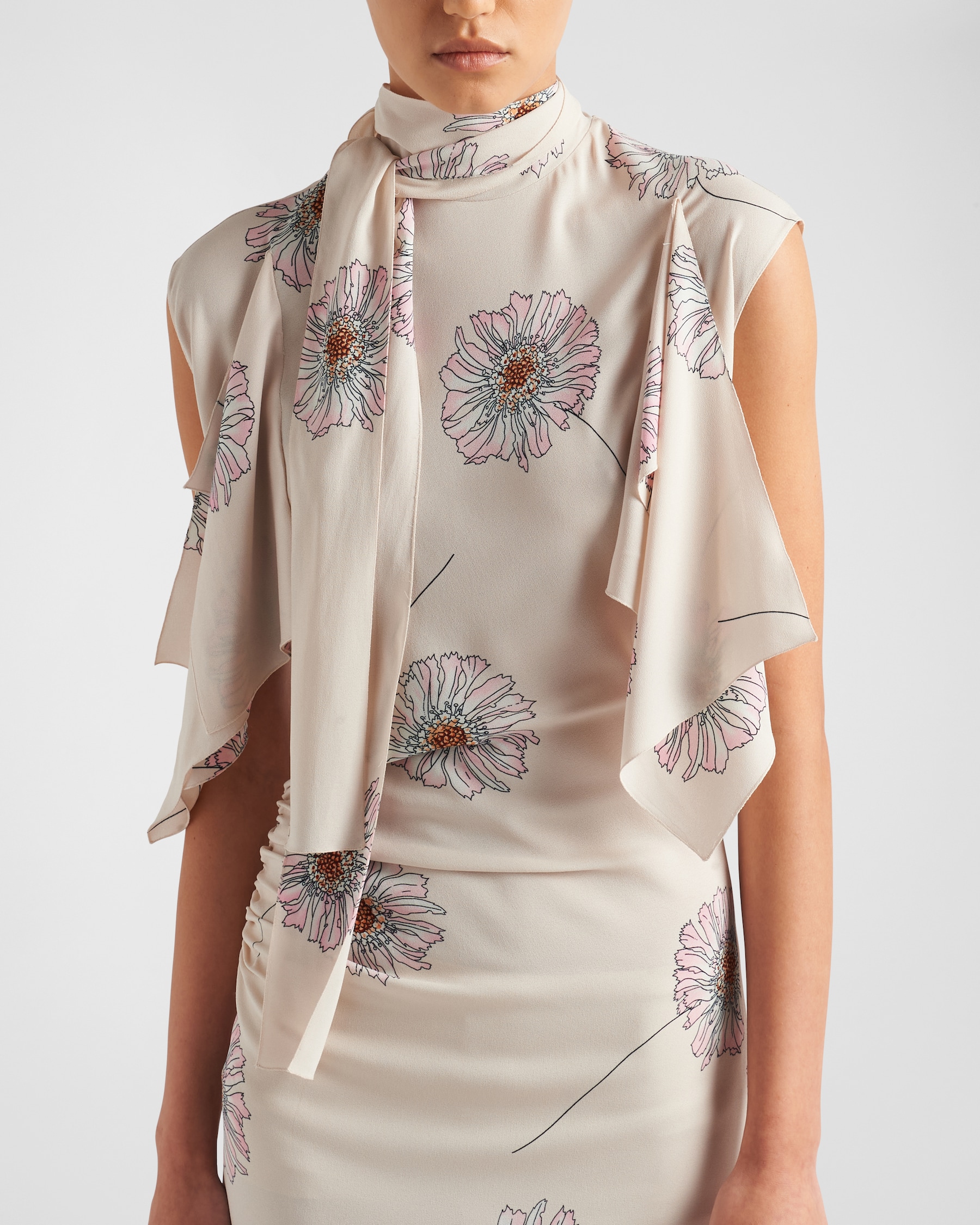 Cameo Printed Sablé Dress With Scarf Collar | PRADA