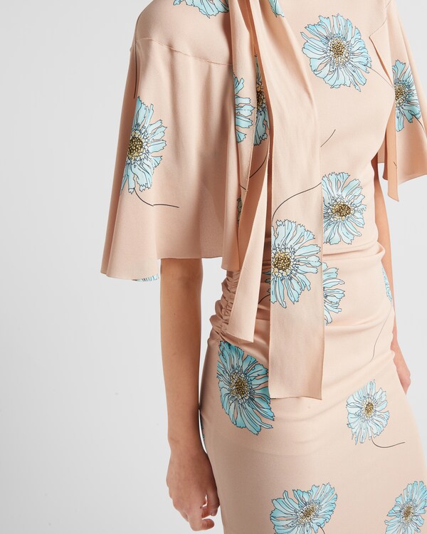 Powder Pink Printed Sablé Dress With Scarf Collar | PRADA