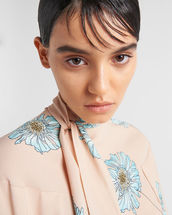 Powder Pink Printed Sablé Dress With Scarf Collar | PRADA