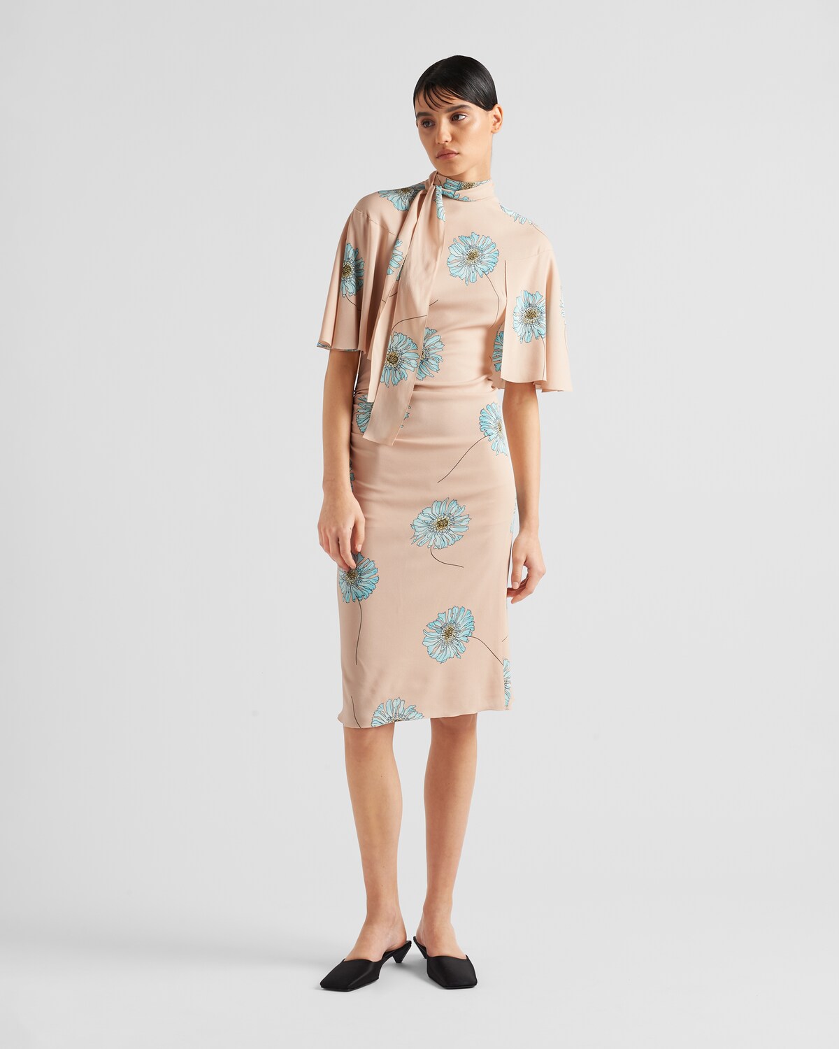 Powder Pink Printed Sablé Dress With Scarf Collar | PRADA