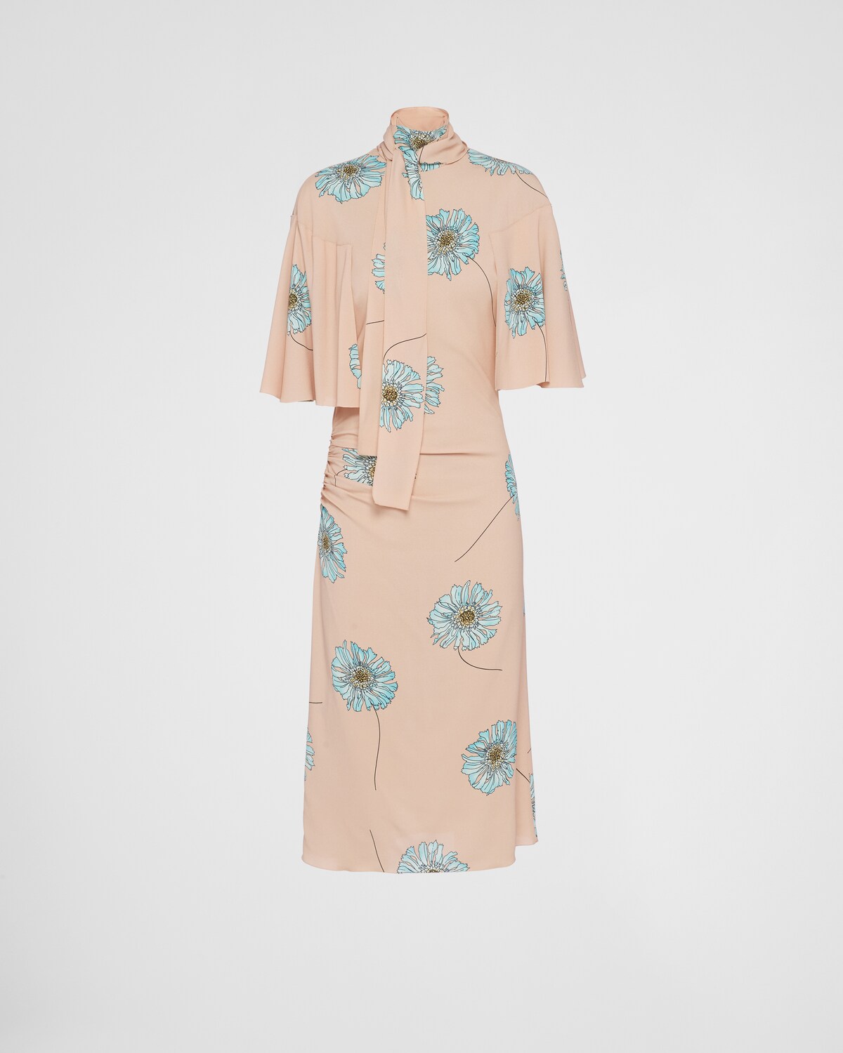 Powder Pink Printed Sablé Dress With Scarf Collar | PRADA