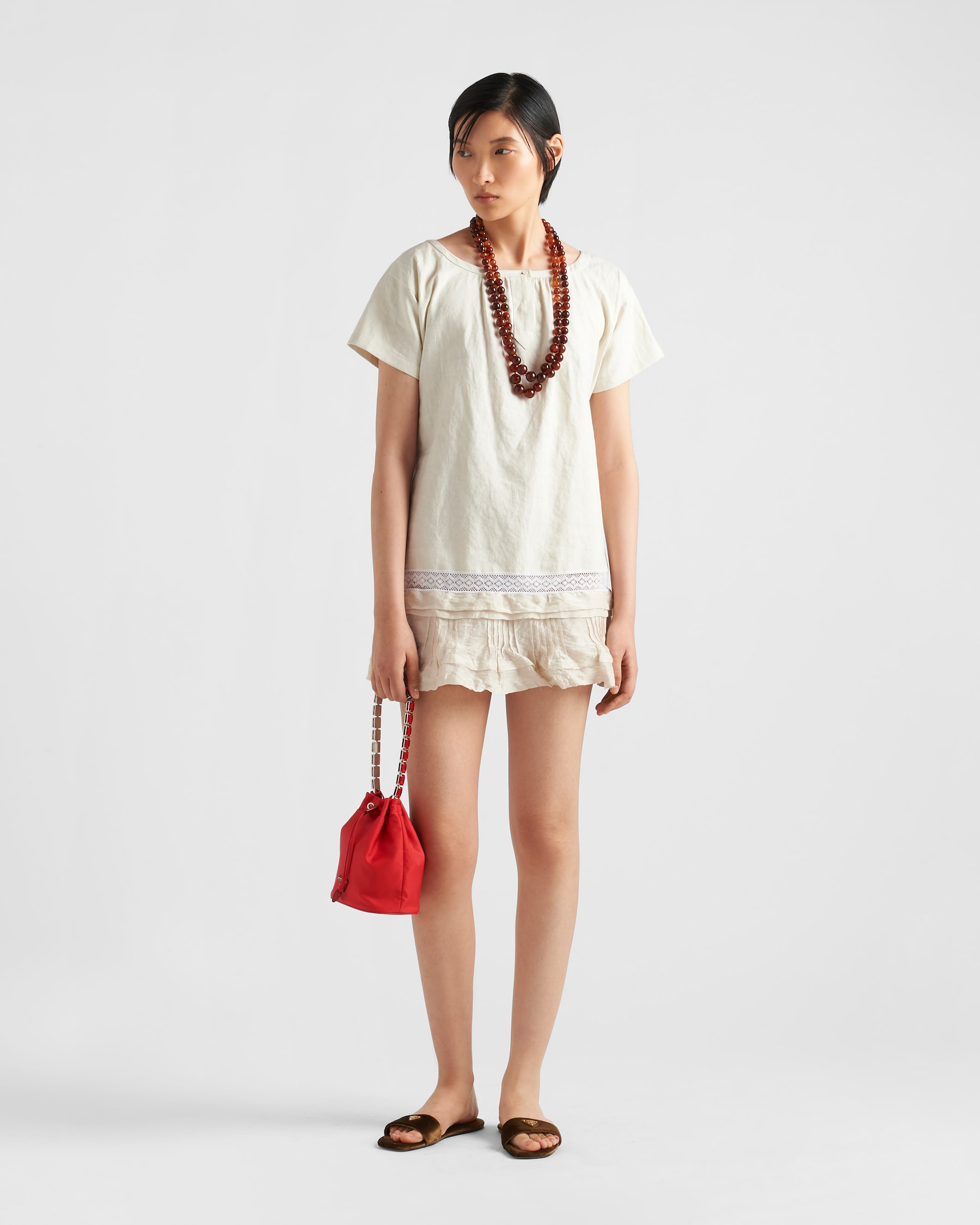 Robe Courte En Lin Et Soie Vieillie Brodée Naturel | PRADA