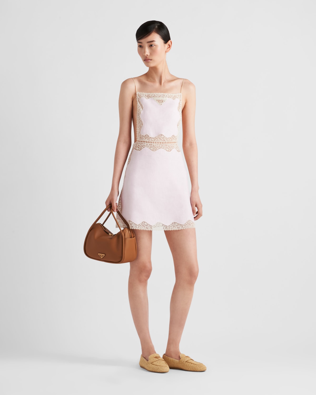 Pink Embroidered, Lace-trimmed Linen Mini-dress | PRADA