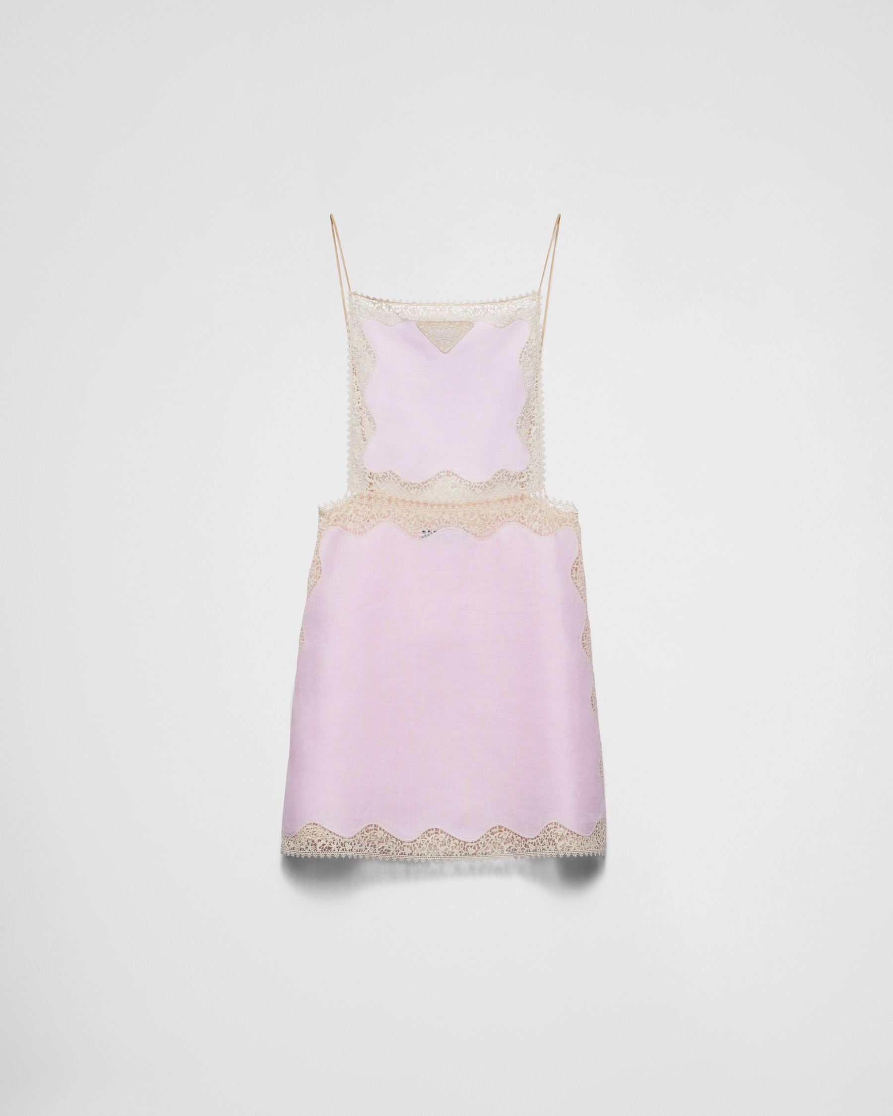 Pink Embroidered, Lace-trimmed Linen Mini-dress | PRADA