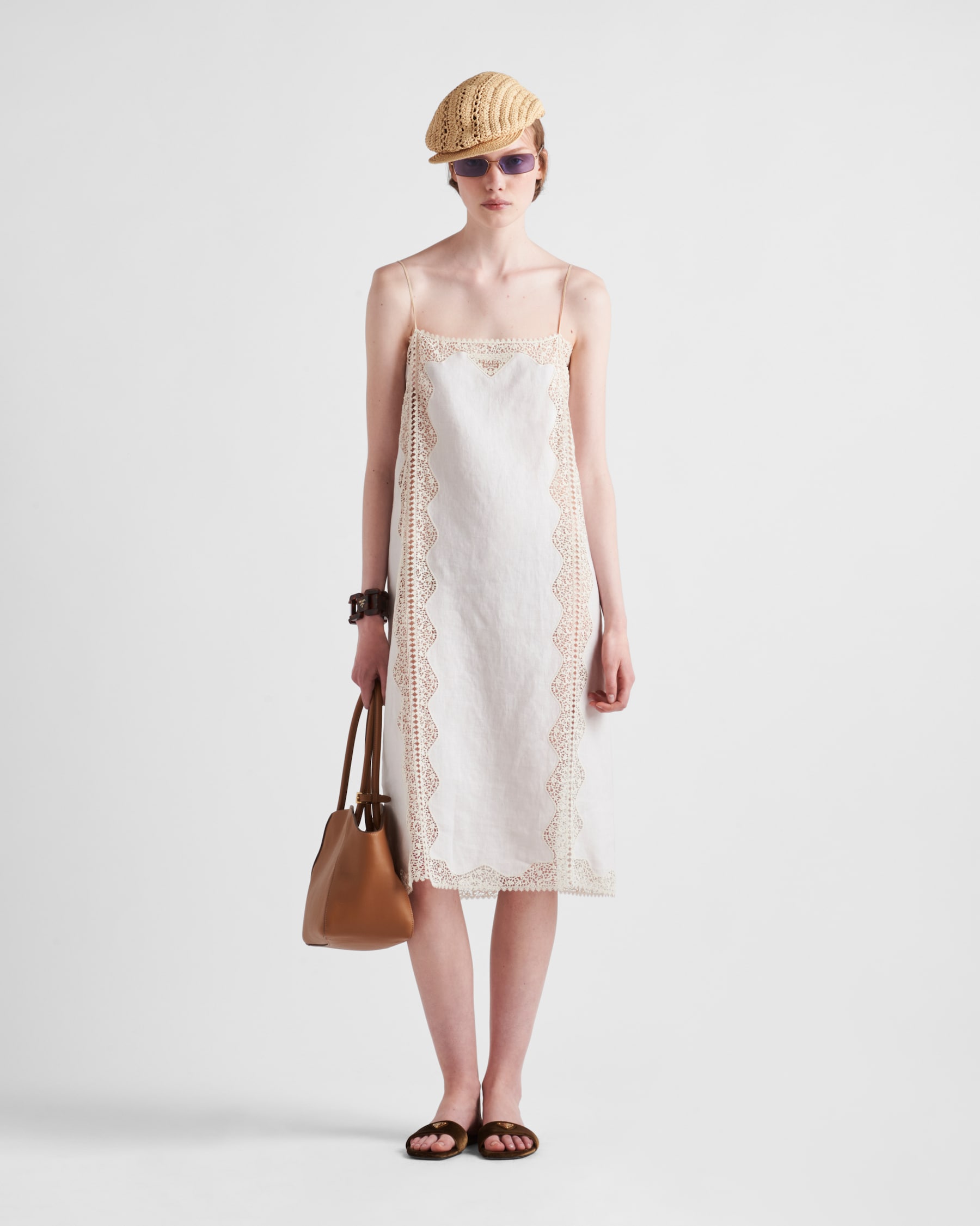 Sand Beige Embroidered, Lace-trimmed Linen Dress | PRADA