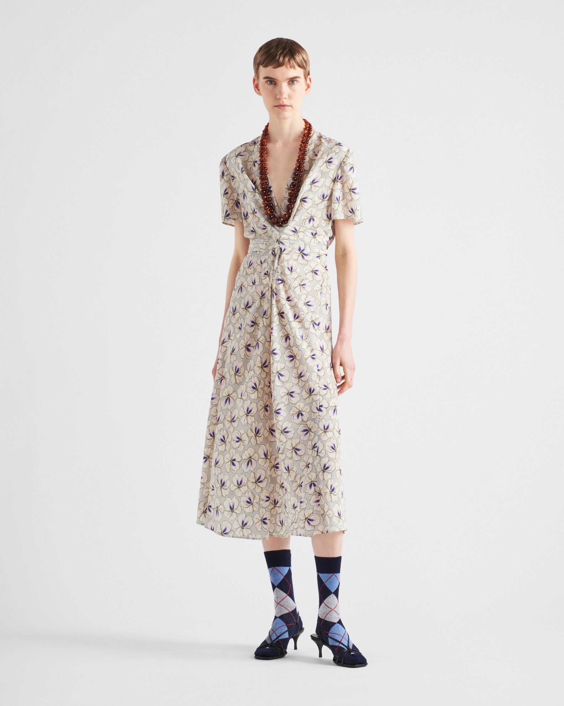 Cloudy Gray Printed Pongee Dress | PRADA