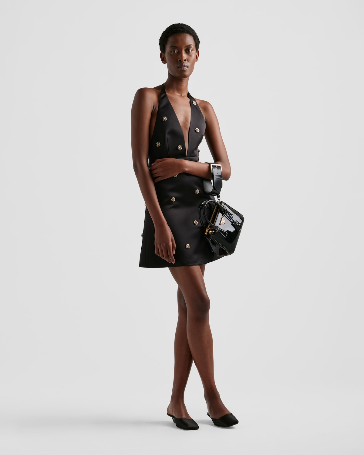 Black Embroidered Double Satin Mini-dress | PRADA