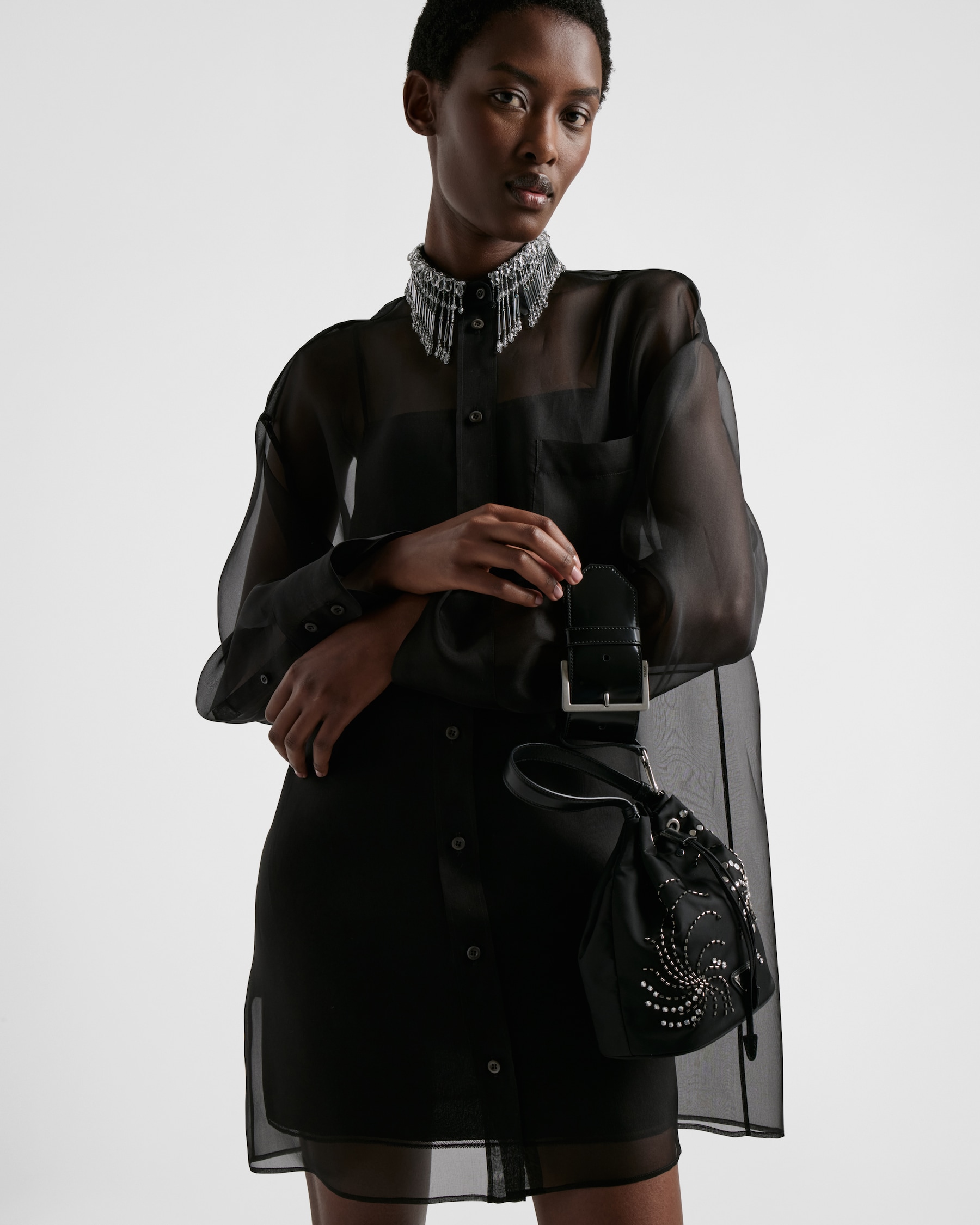 Black Embroidered Organza Mini-dress | PRADA