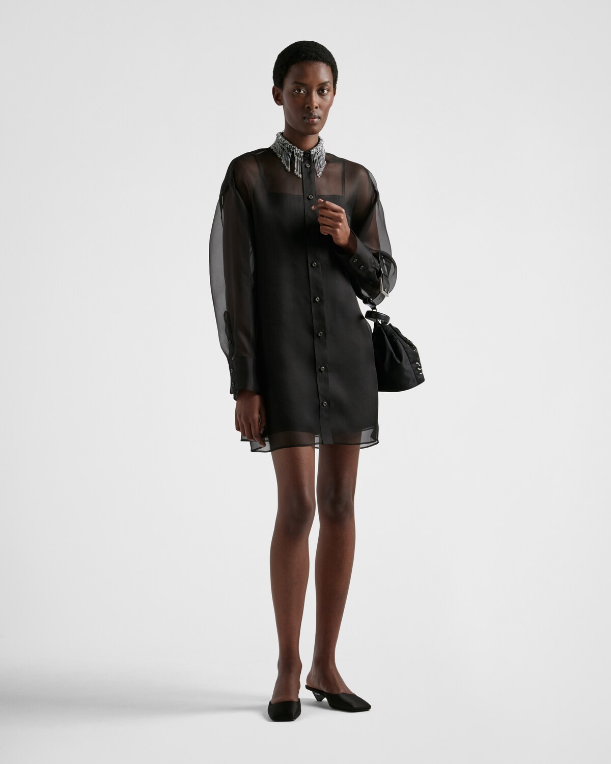Black Embroidered Organza Mini-dress | PRADA