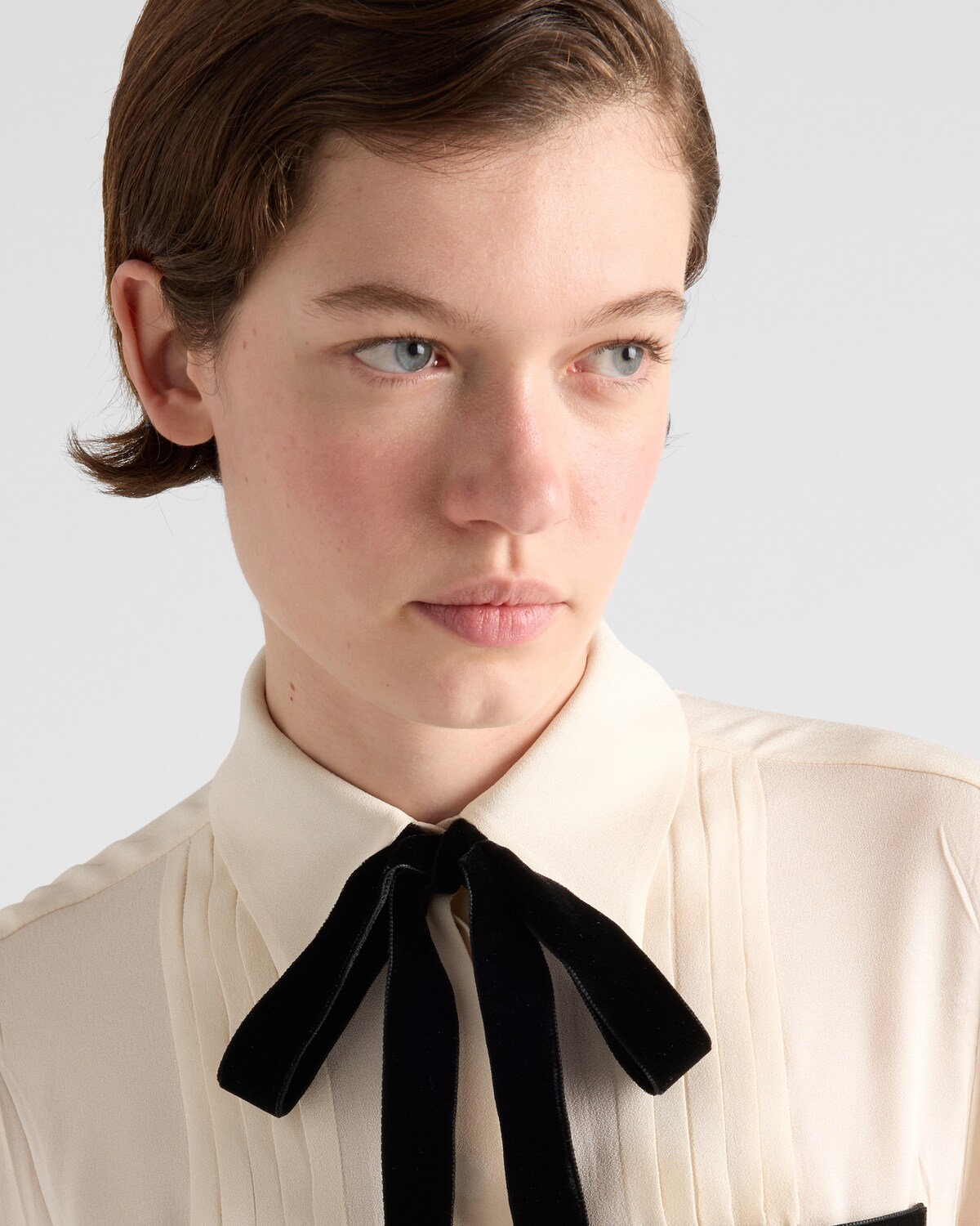 Ivory Long Pleated Satin Sablé Dress | PRADA