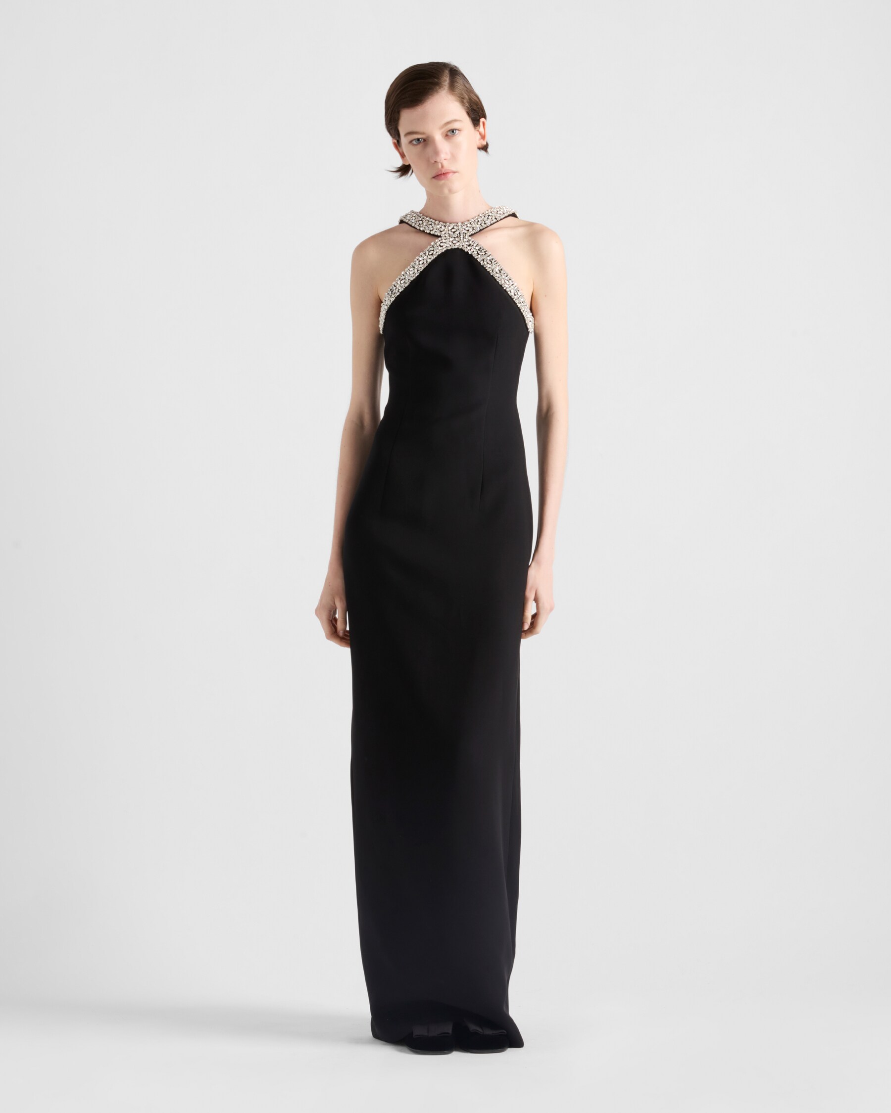 Vestido Largo De Cady Bordado Negro | PRADA