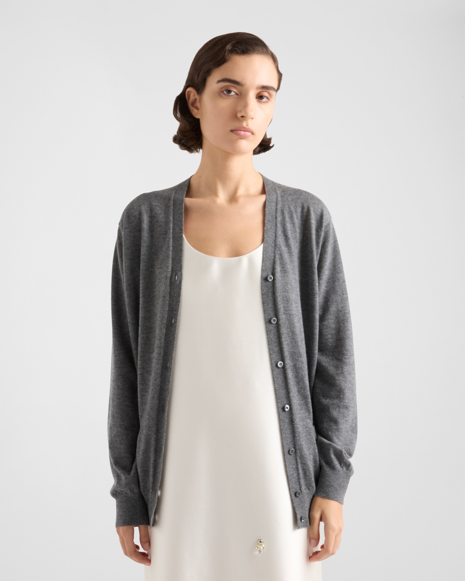 White Long Embroidered Silk And Wool Dress | PRADA