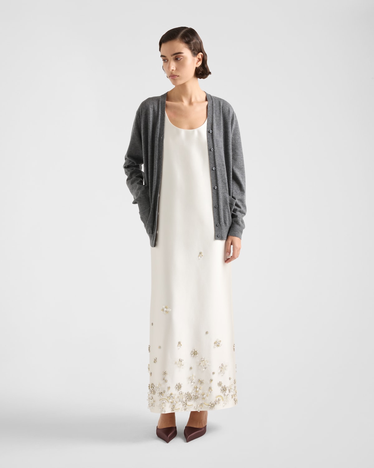 White Long Embroidered Silk And Wool Dress | PRADA