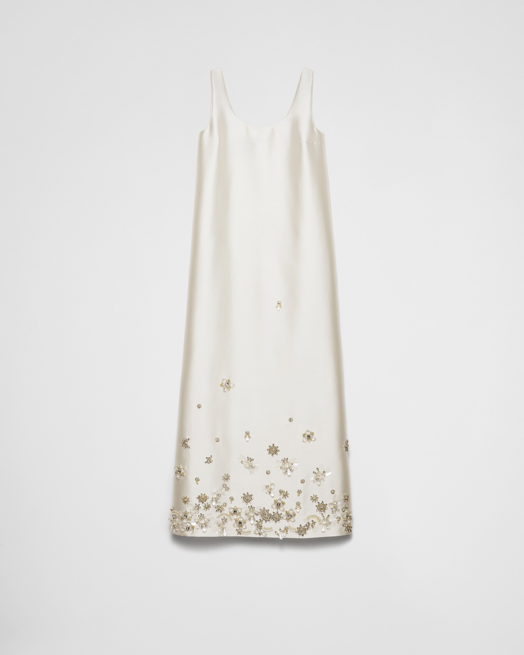 White Long Embroidered Silk And Wool Dress | PRADA