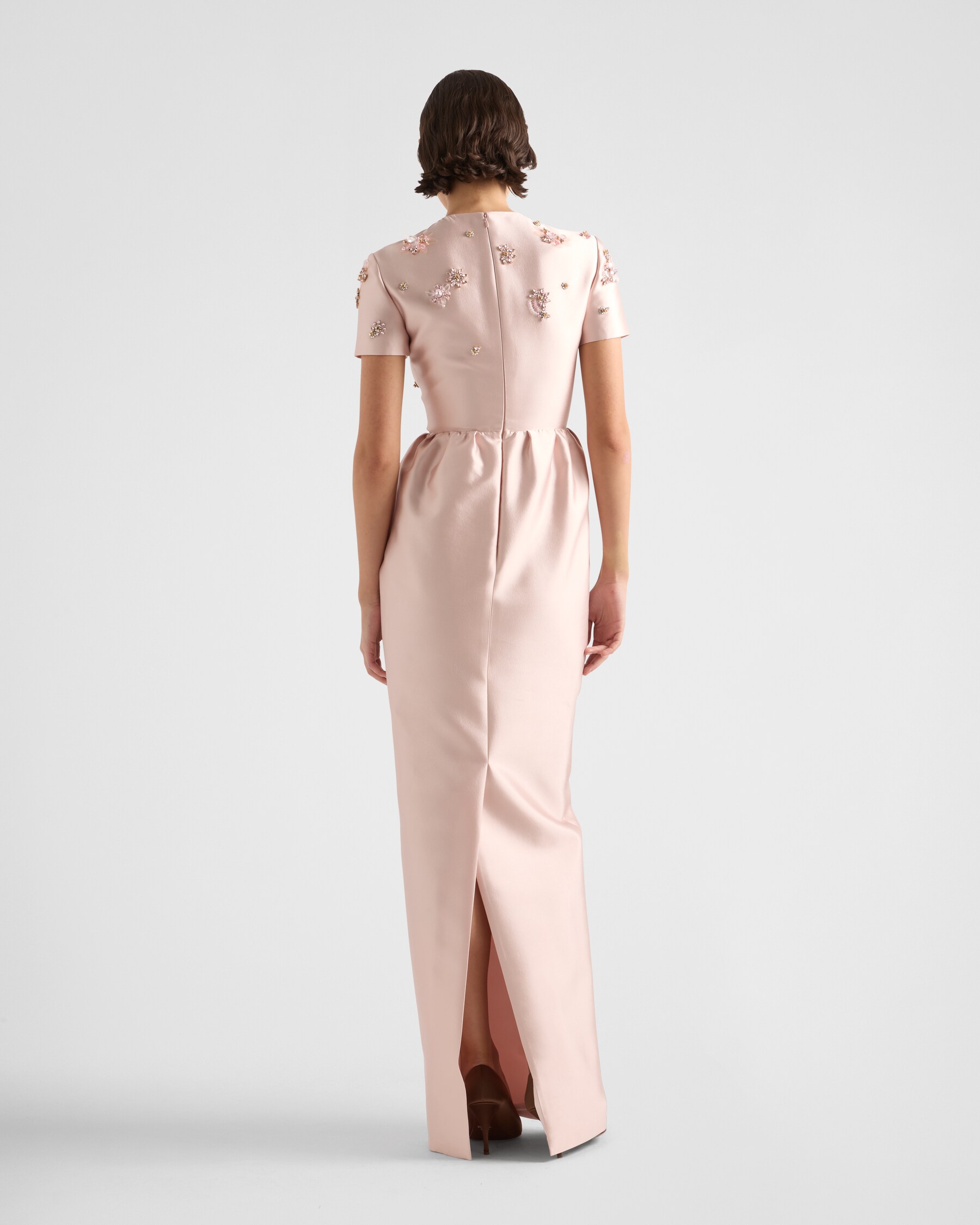 Alabaster Pink Long Embroidered Silk And Wool Dress | PRADA