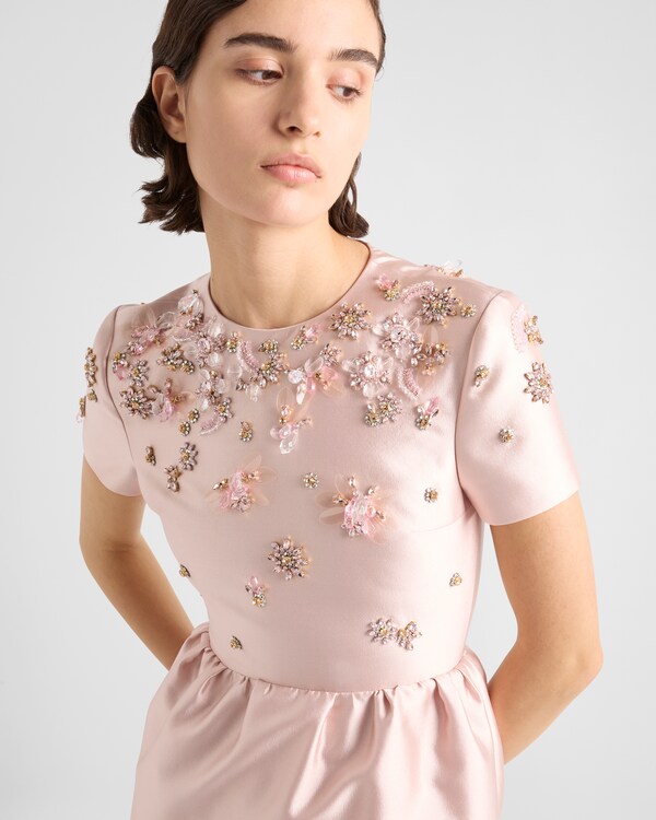 Alabaster Pink Long Embroidered Silk And Wool Dress | PRADA