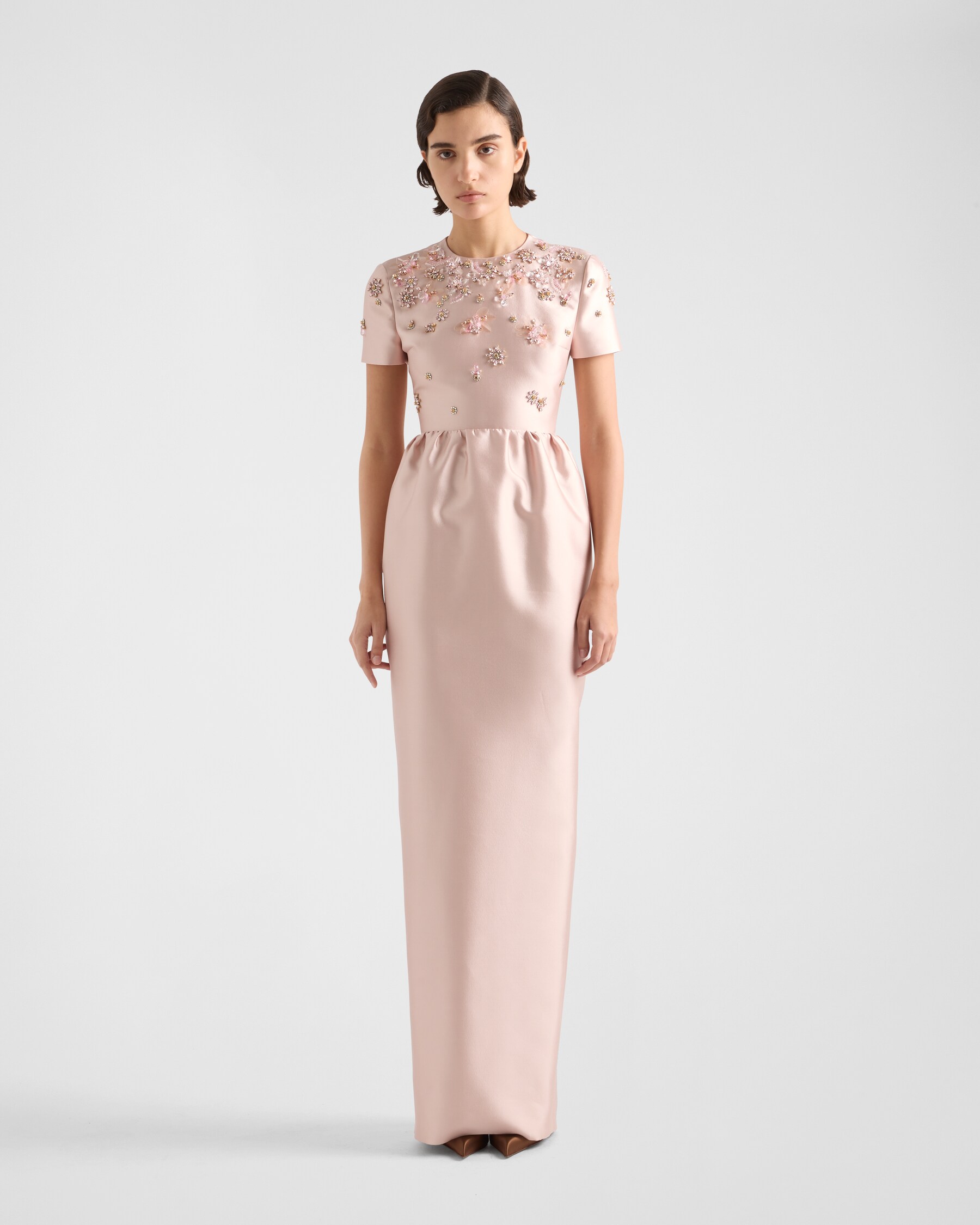 Alabaster Pink Long Embroidered Silk And Wool Dress | PRADA