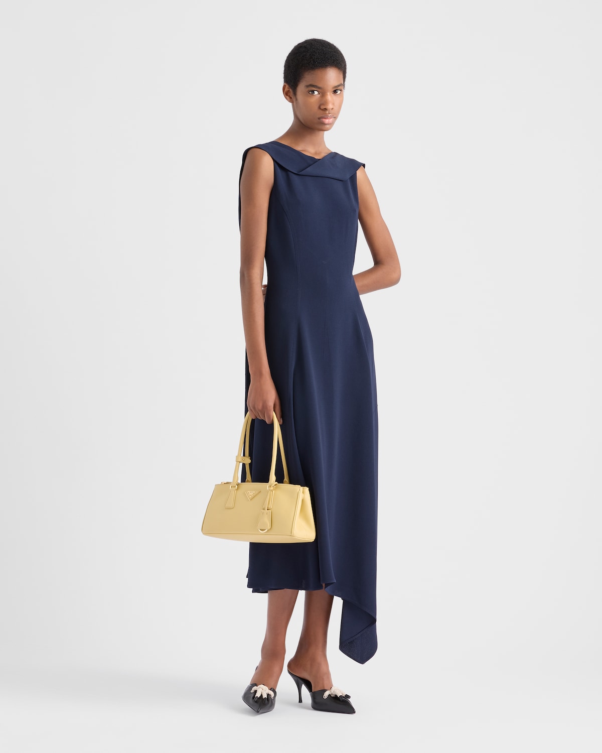 Navy Asymmetrical Satin Crepe Dress | PRADA