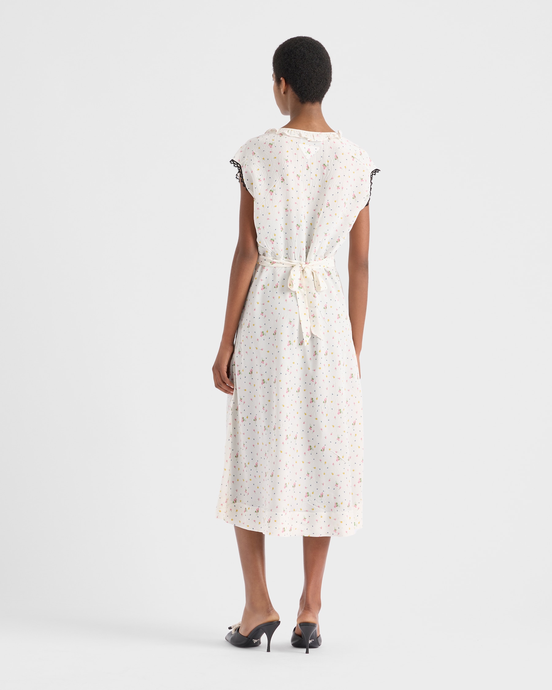 White Floral Print Pongé Dress | PRADA
