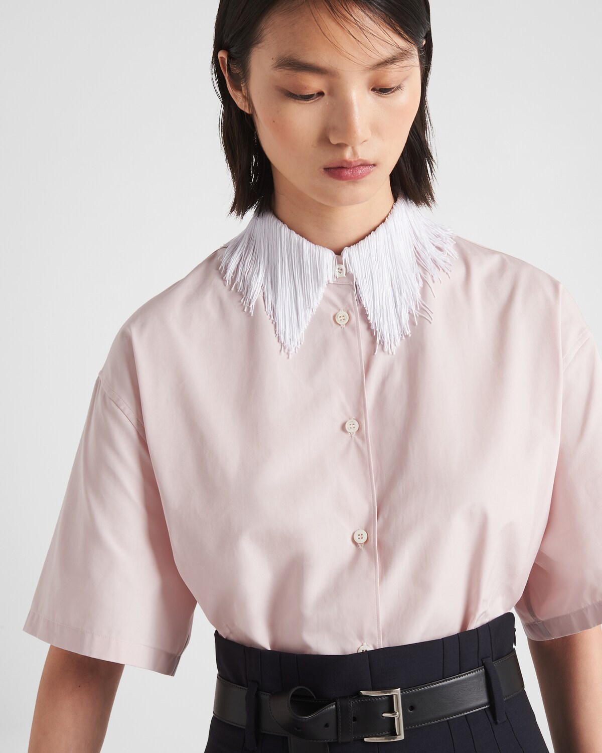 Alabaster Pink Poplin Shirt With Fringed Collar | PRADA