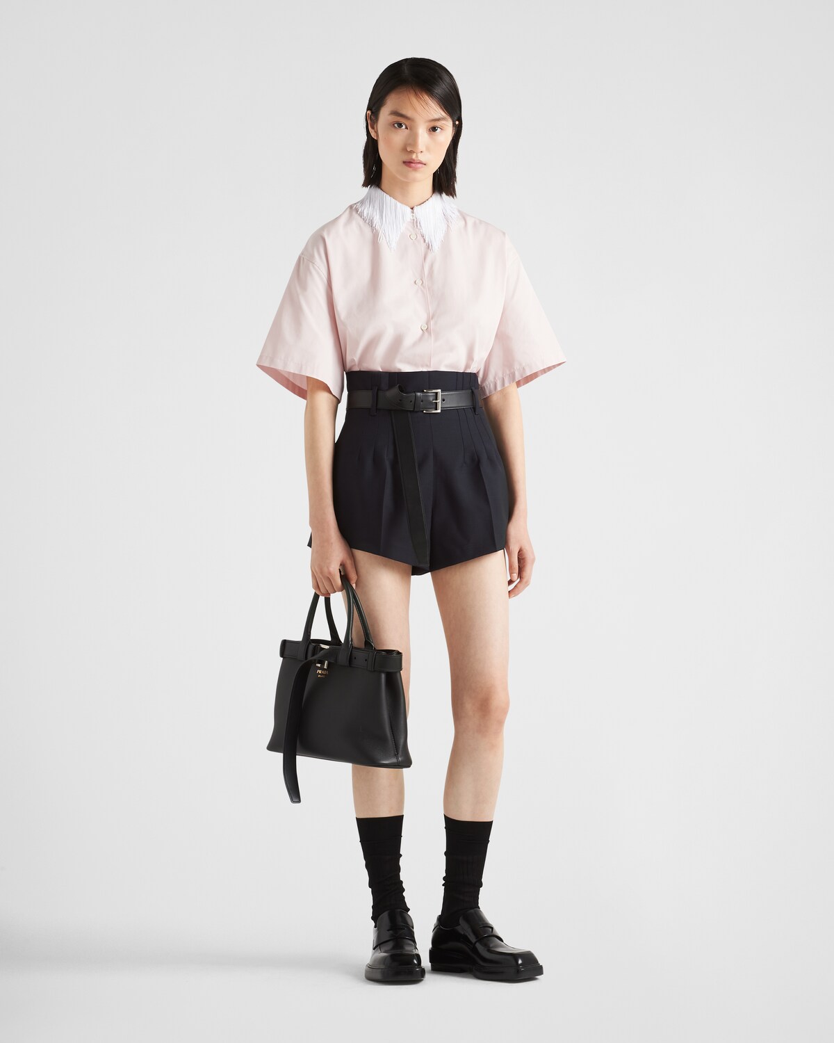 Alabaster Pink Poplin Shirt With Fringed Collar | PRADA