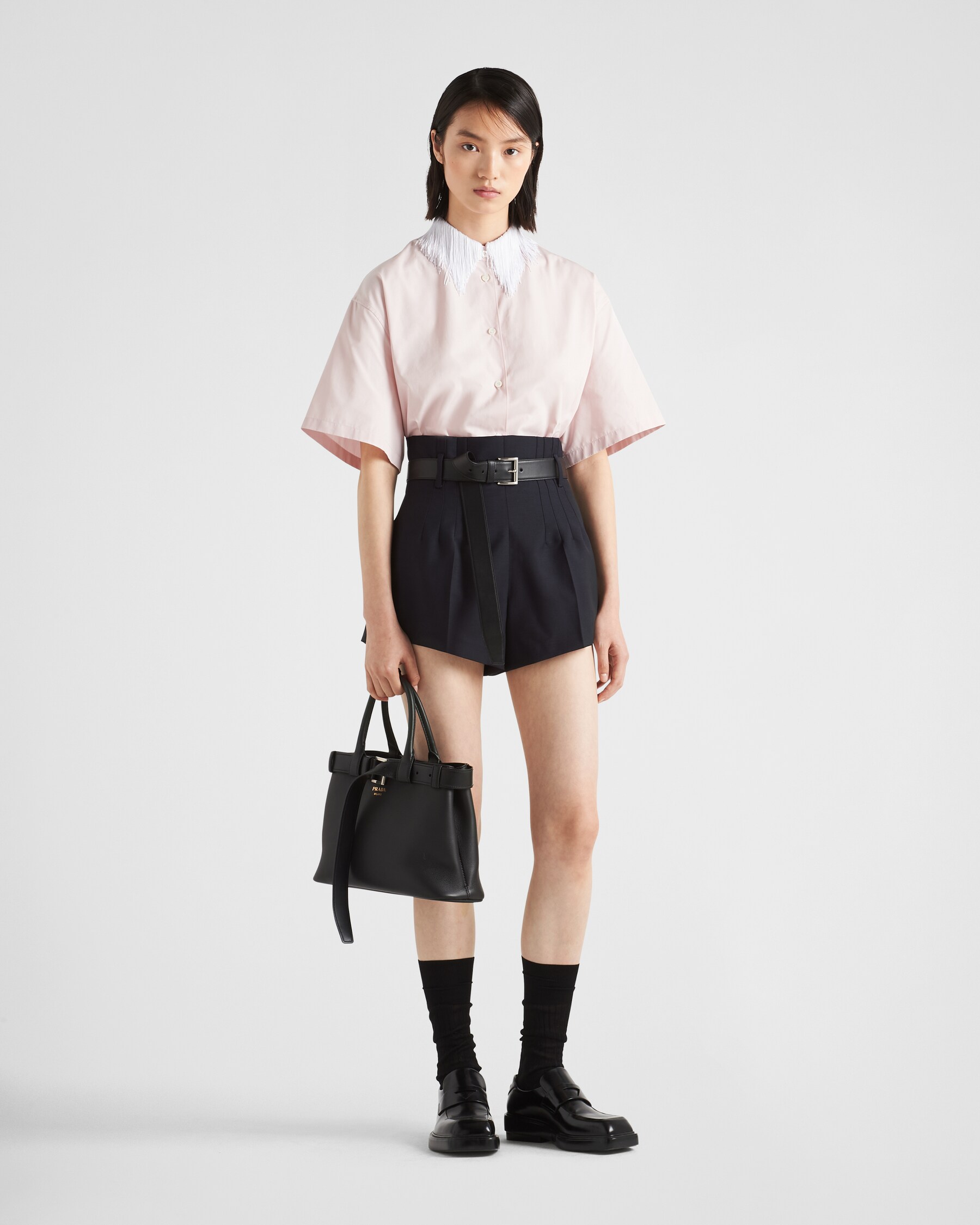 Alabaster Pink Poplin Shirt With Fringed Collar | PRADA