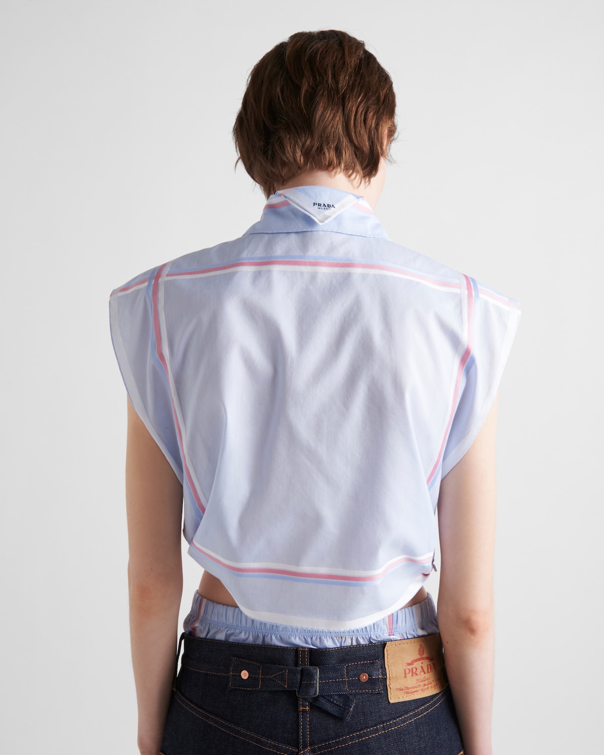 Light Blue Checked Cropped Cotton Shirt | PRADA