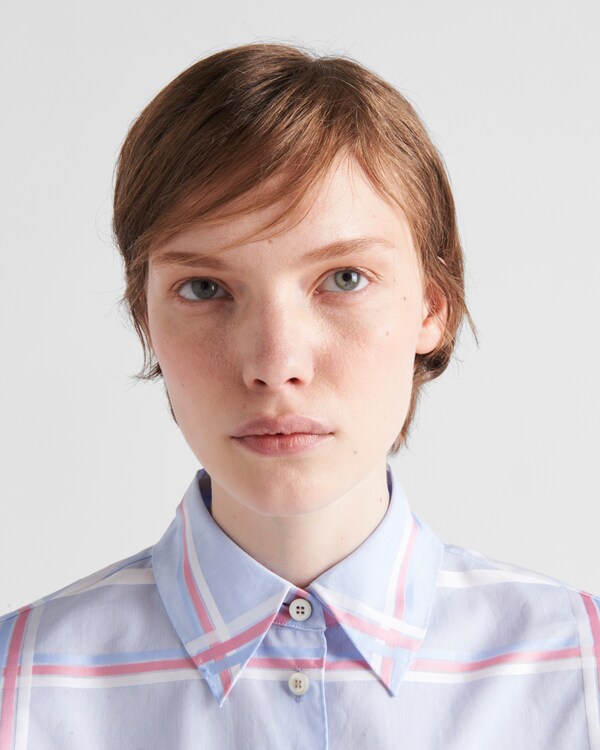 Light Blue Checked Cropped Cotton Shirt | PRADA
