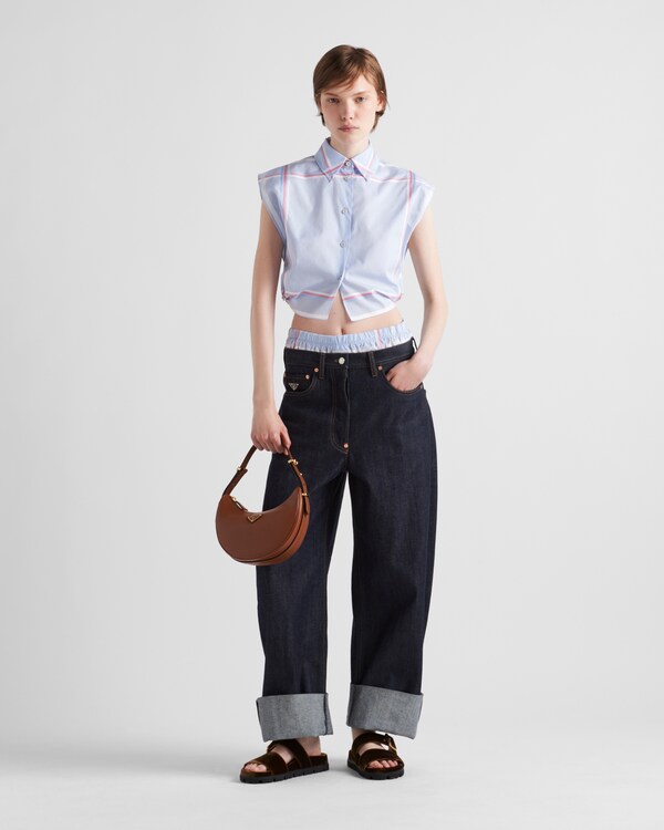 Light Blue Checked Cropped Cotton Shirt | PRADA