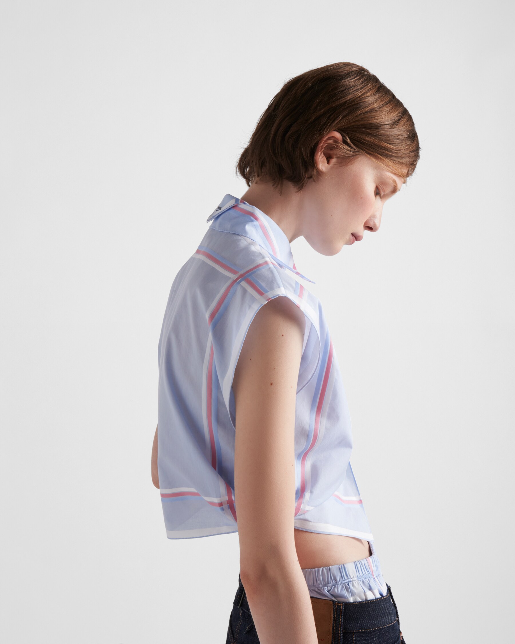 Light Blue Checked Cropped Cotton Shirt | PRADA