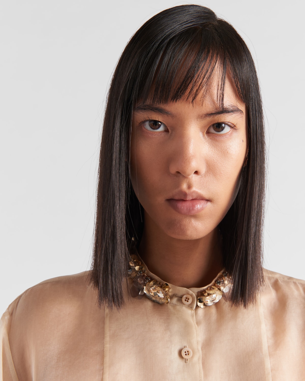 Desert Beige Embroidered Organza Shirt | PRADA