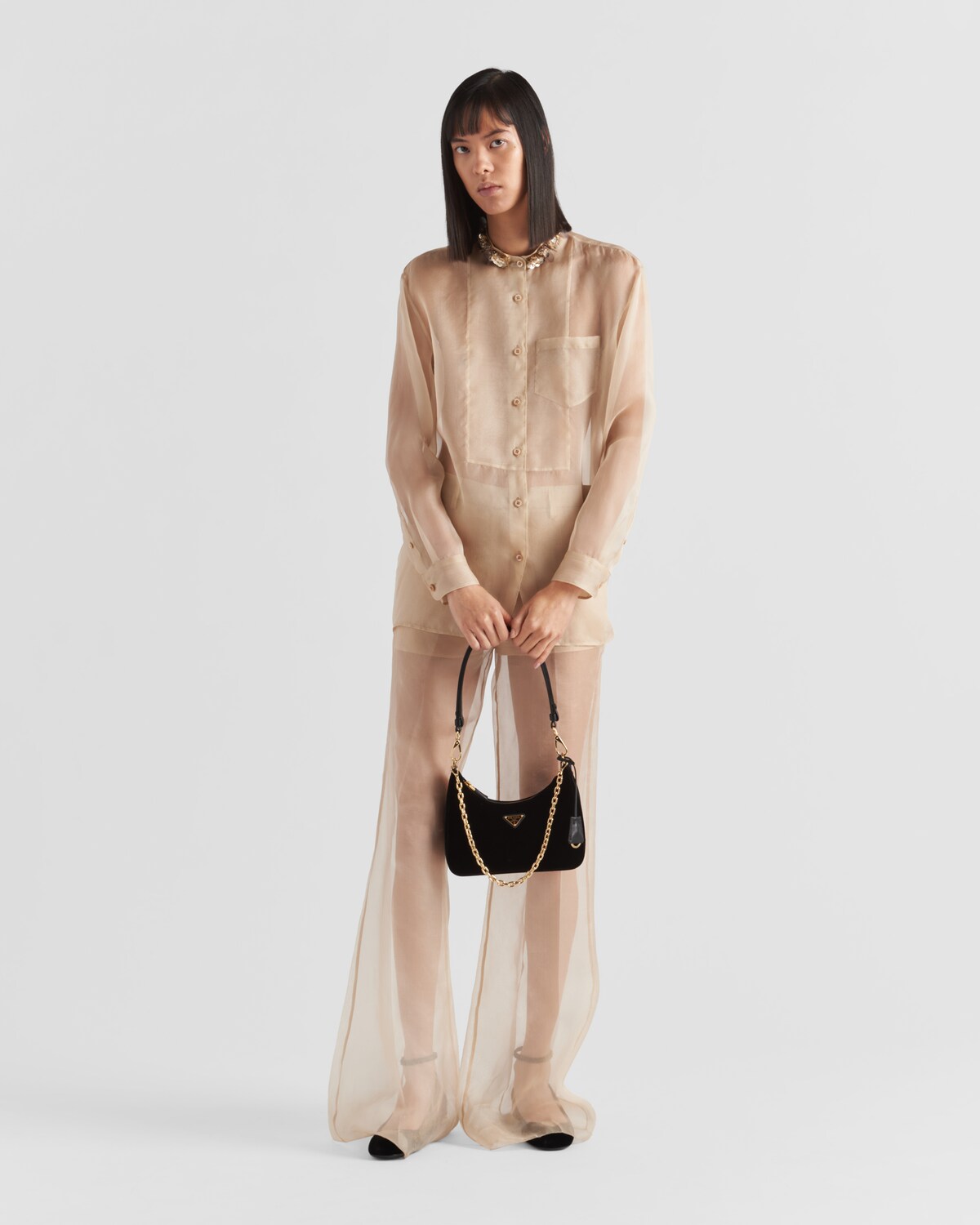 Desert Beige Embroidered Organza Shirt | PRADA