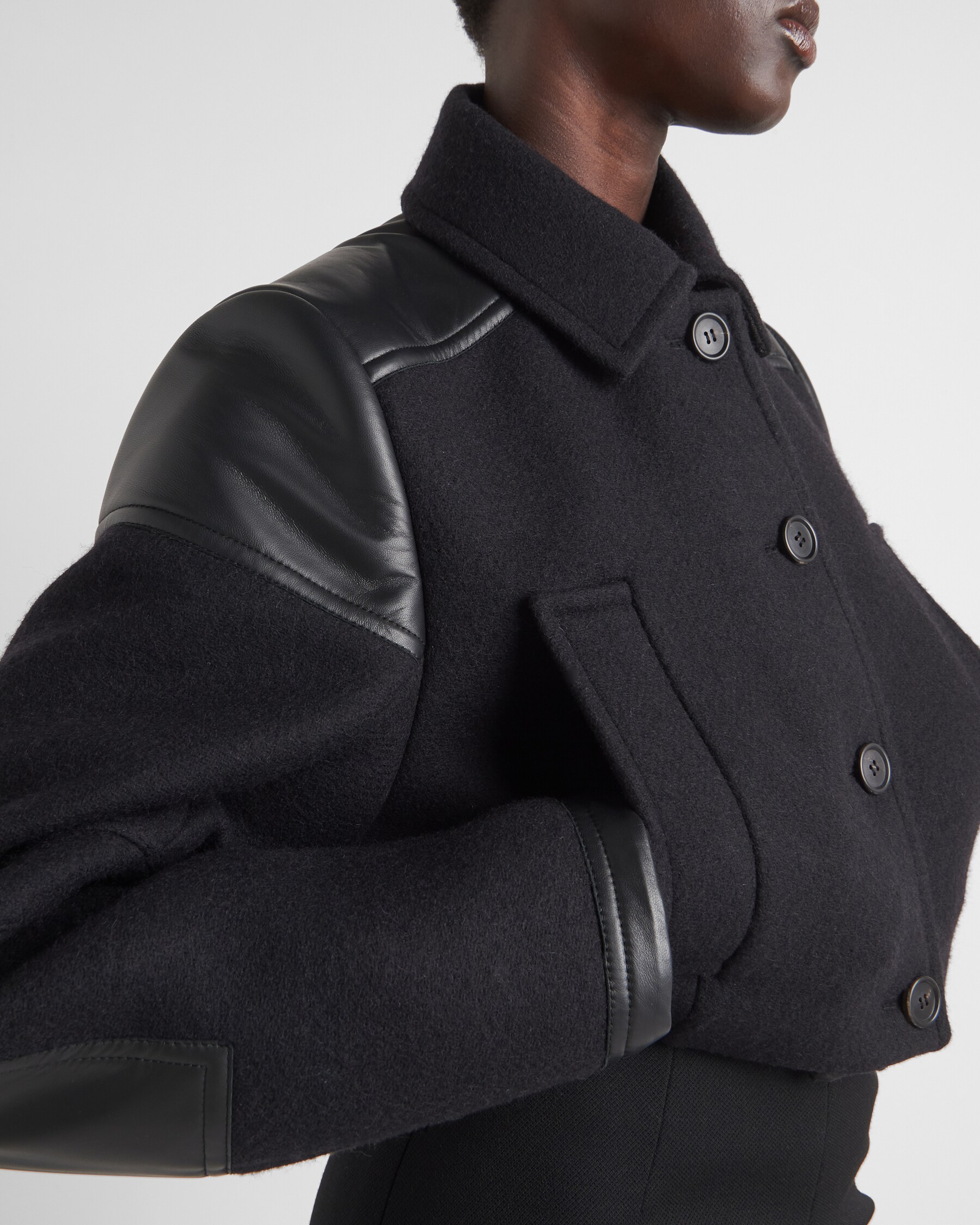 Black Cropped Cloth And Leather Jacket | PRADA